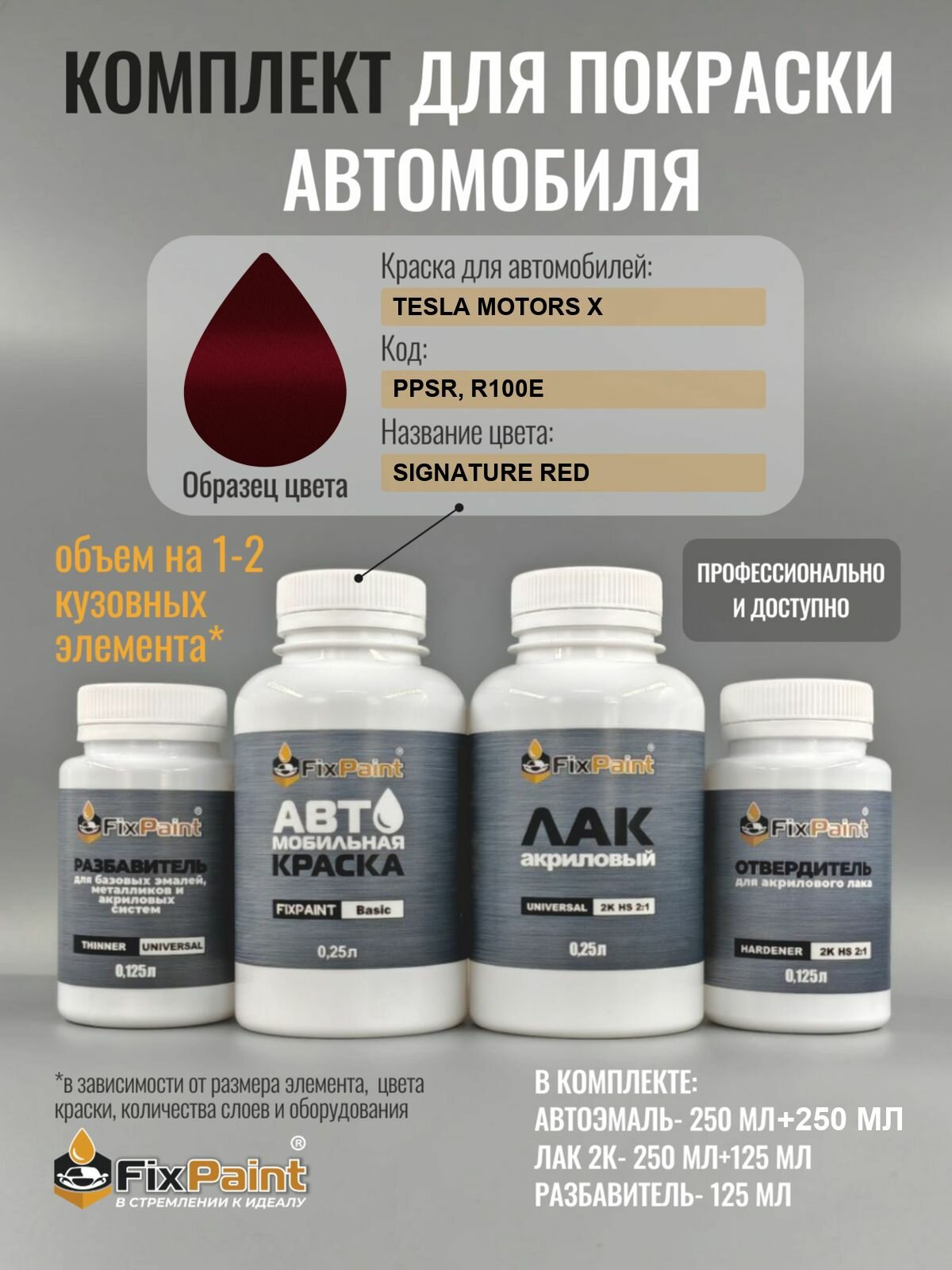 Комплект для покраски TESLA MOTORS X, код PPSR, R100E, Трехслойная SIGNATURE RED, базовая автомобильная краска 500 мл, лак 2K 250 мл с отвердителем, разбавитель 125 мл, FixPaint Pro