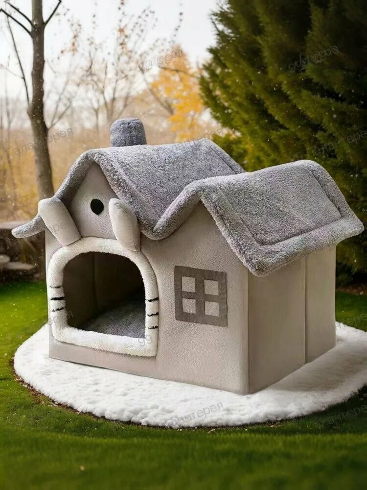 C толстыми подушками и одеялами. Домик для кошек и собак, мягкий, серый, съёмная крыша. S (39x32x34 cm).