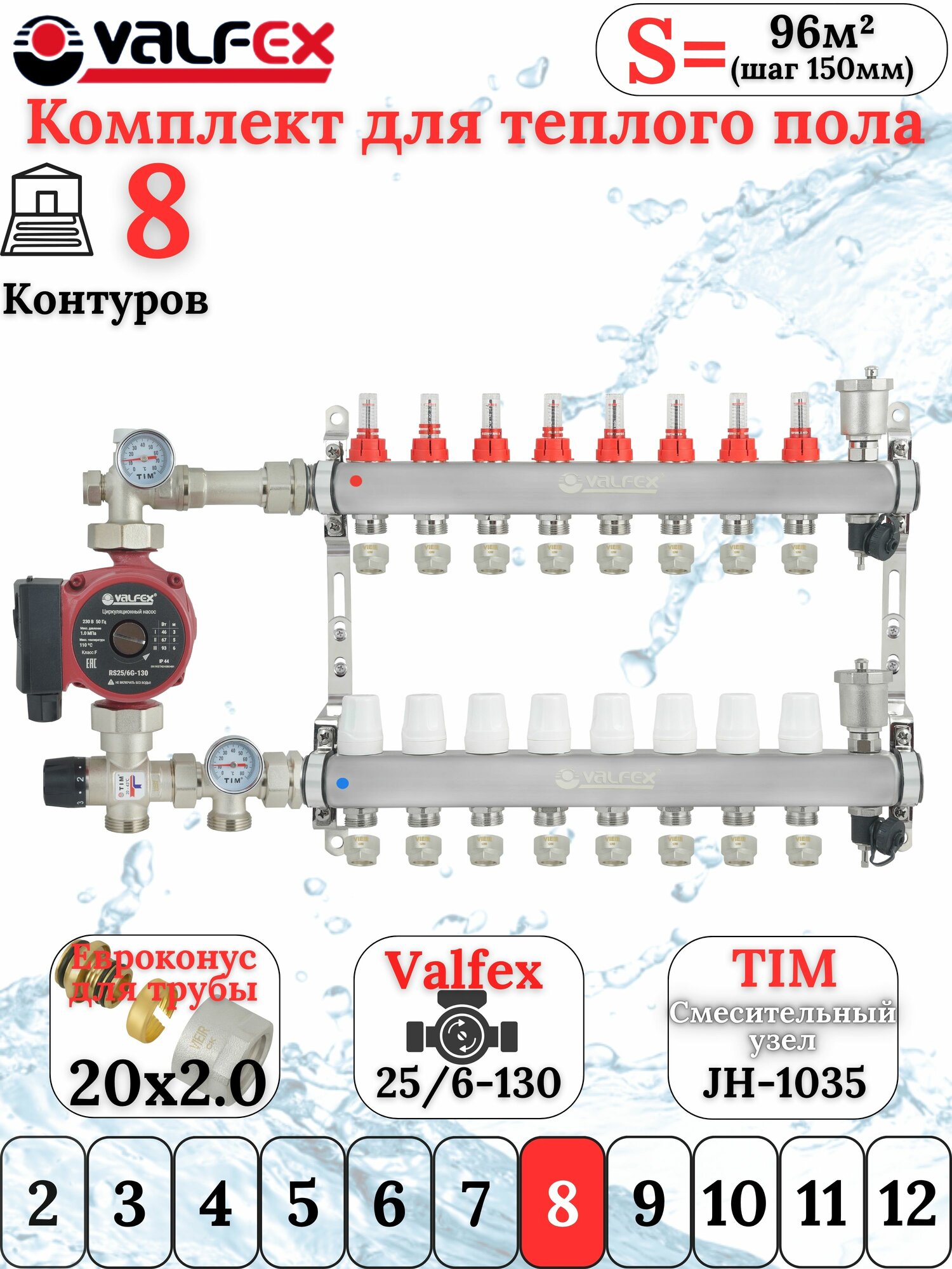 Комплект теплого пола на 8 выходов VALFEX (Коллектор на 8 контуров+Насос+ Евроконусы+Насосно-Смес. узел) до 100 кв. м