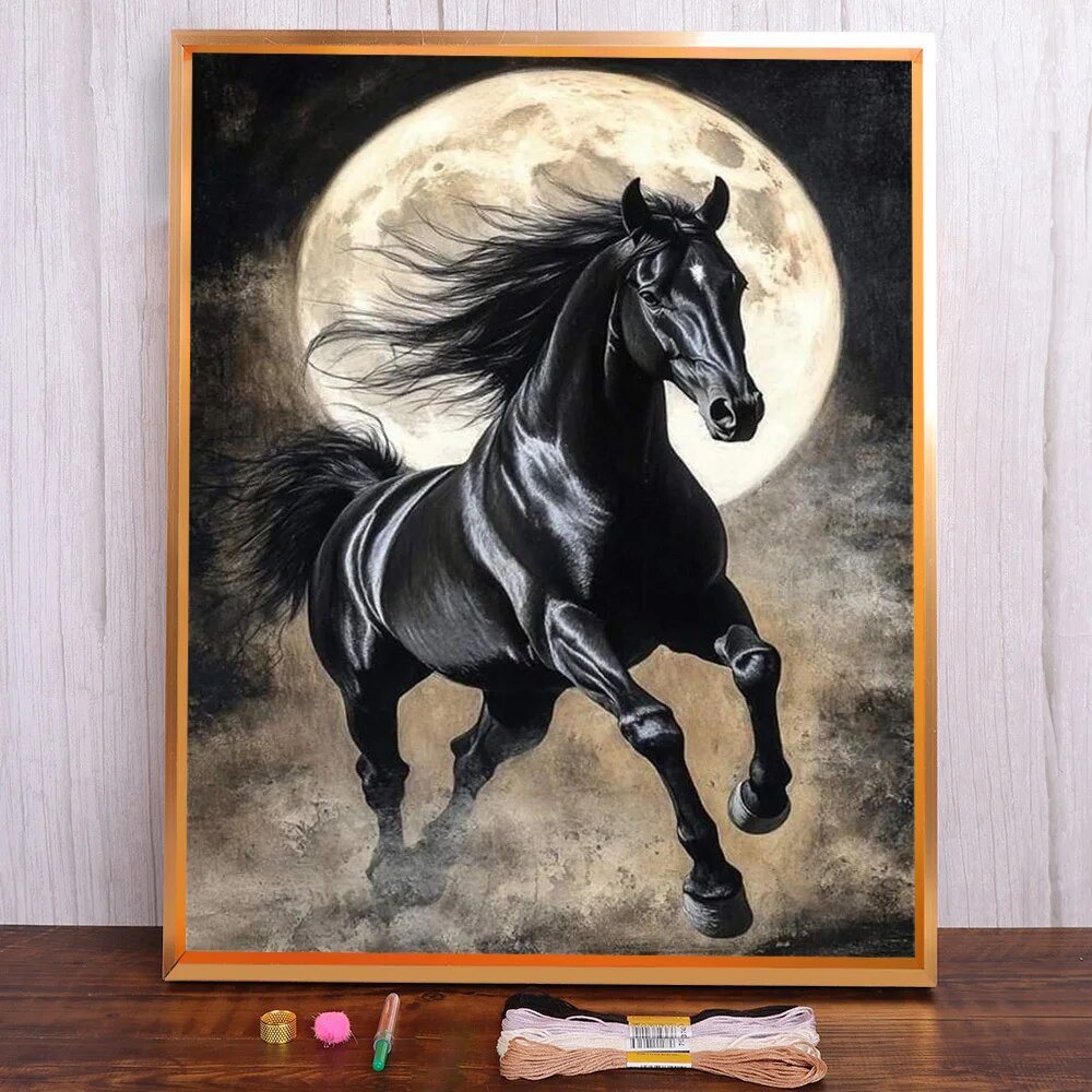 Набор для вышивки крестом "Черная лошадь", водорастворимый холст 40x50cm, 11CT Cotton Thread