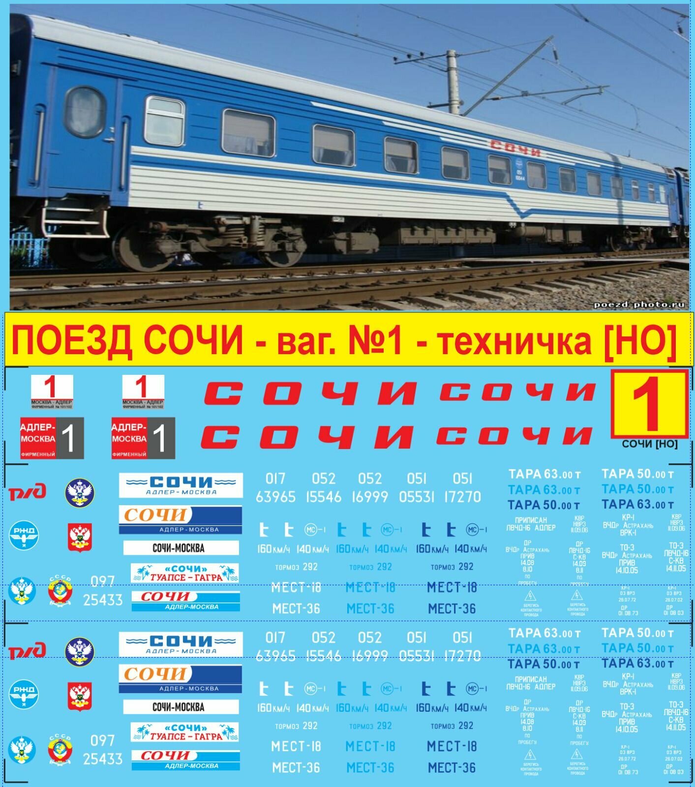 2Д-Декаль - Поезд сочи; Вагон № 1. H0 - Техничка. Блок№1