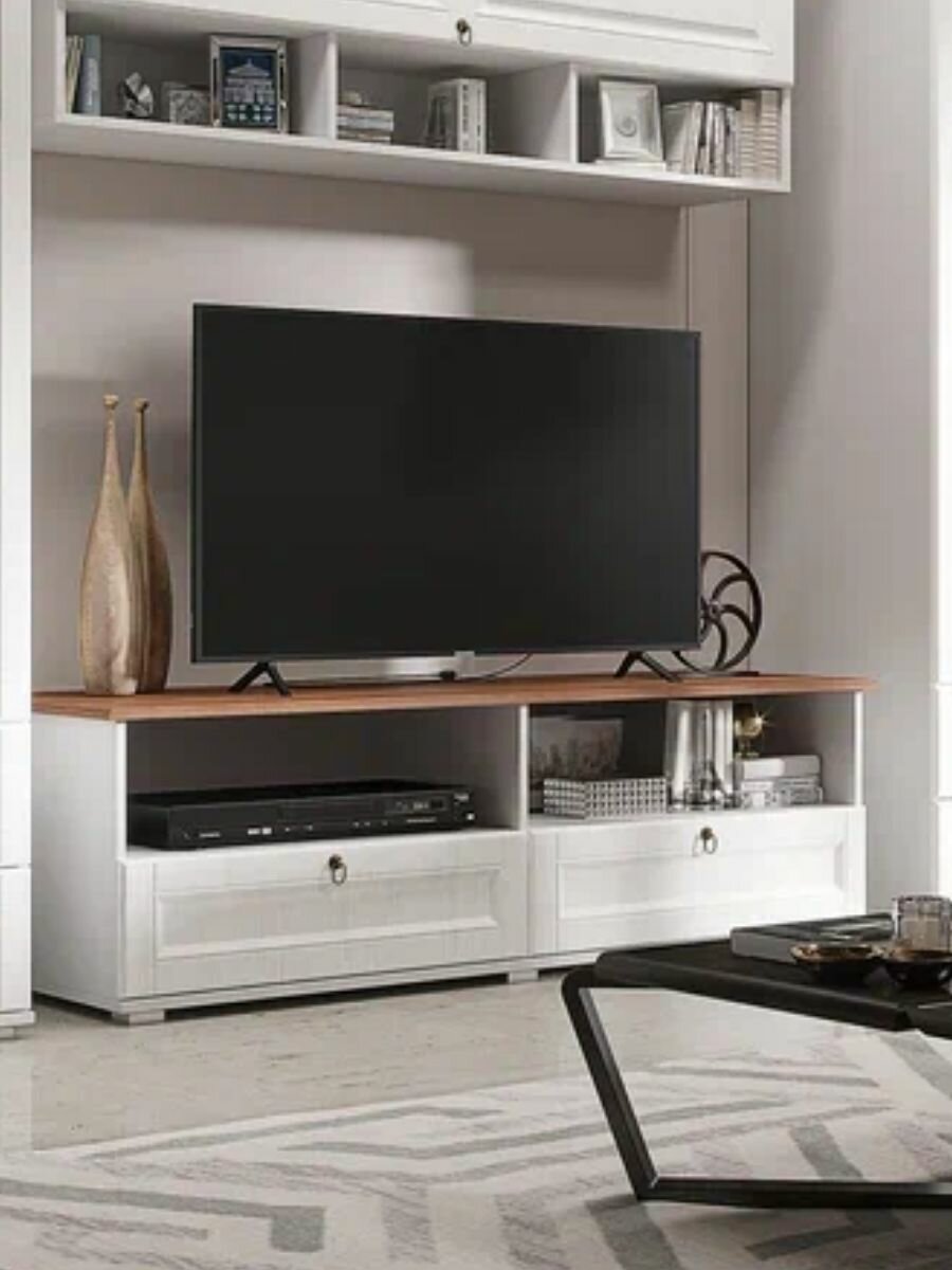 Тумба ТВ Валенсия МДФ 1460х452х558, Белый матовый/Белое дерево/Орех, с выдвижными ящиками, МИФ