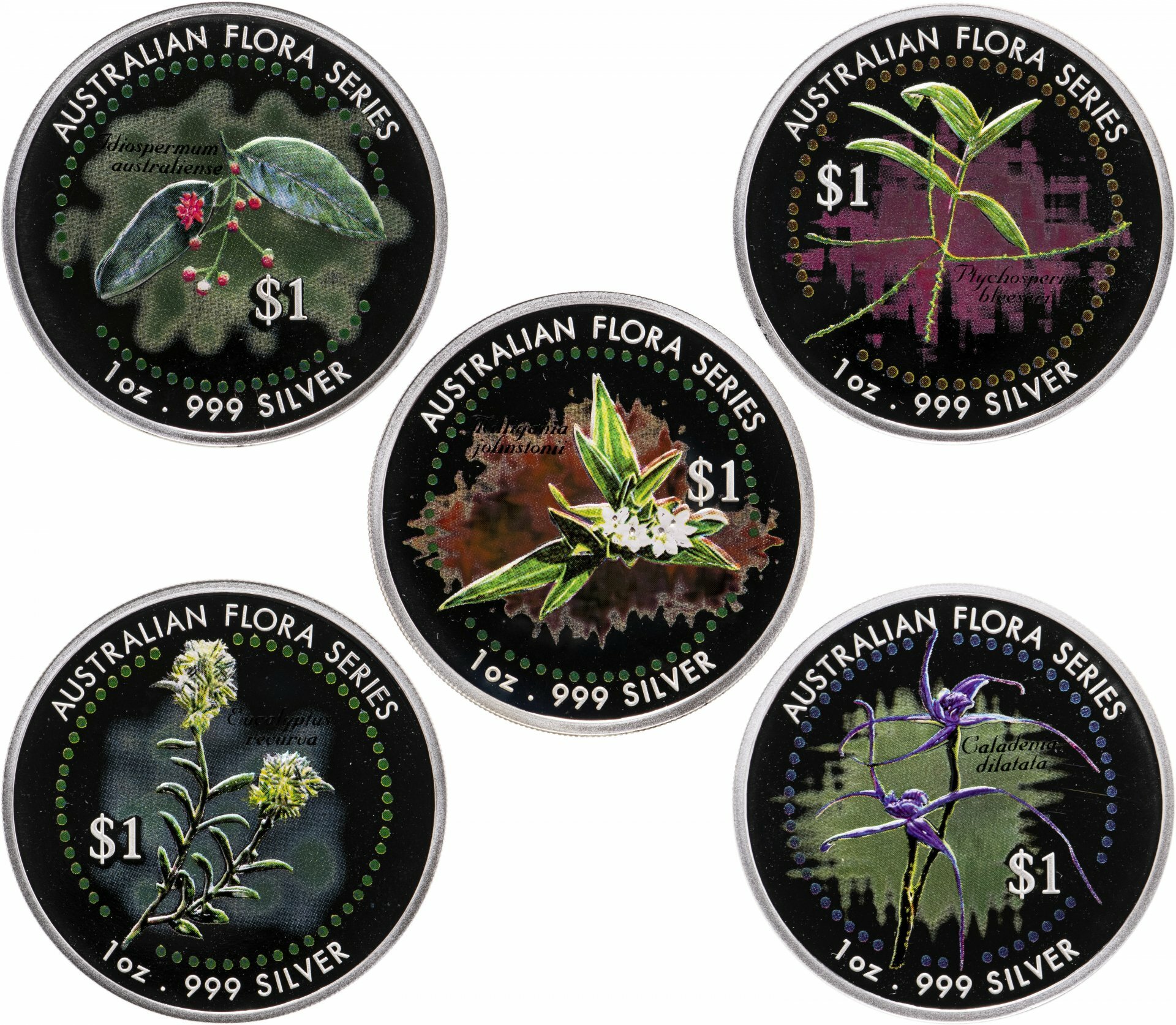 Острова Кука 1 доллар 1999 набор из 5-ти монет "Австралийская флора" в футляре, с сертификатом, Серебро 999, в сохранности Proof