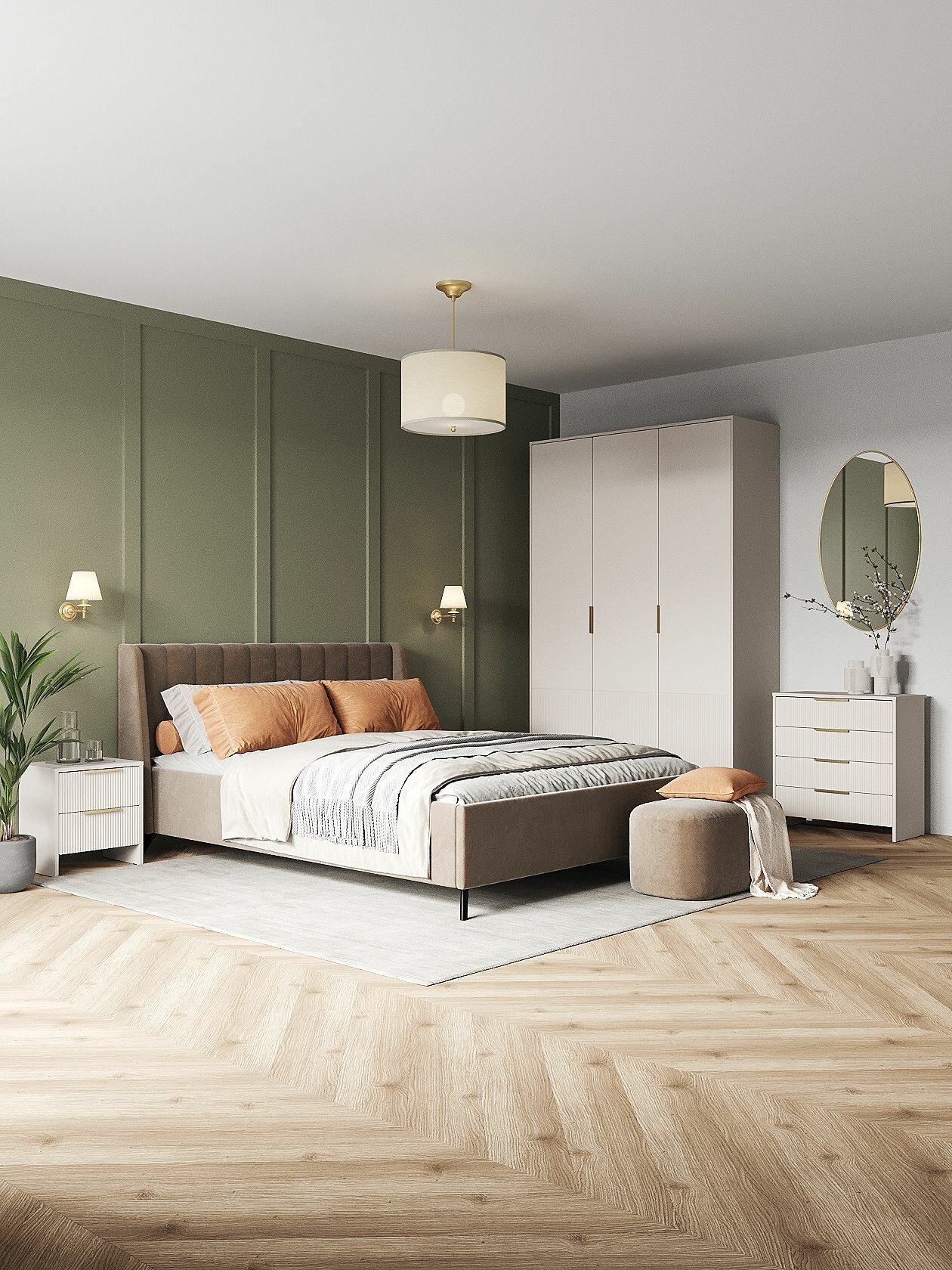 Спальный гарнитур, комплект Пандора кровать, комод, тумба, шкаф, Кашемир / Айриш / Какао, велюр