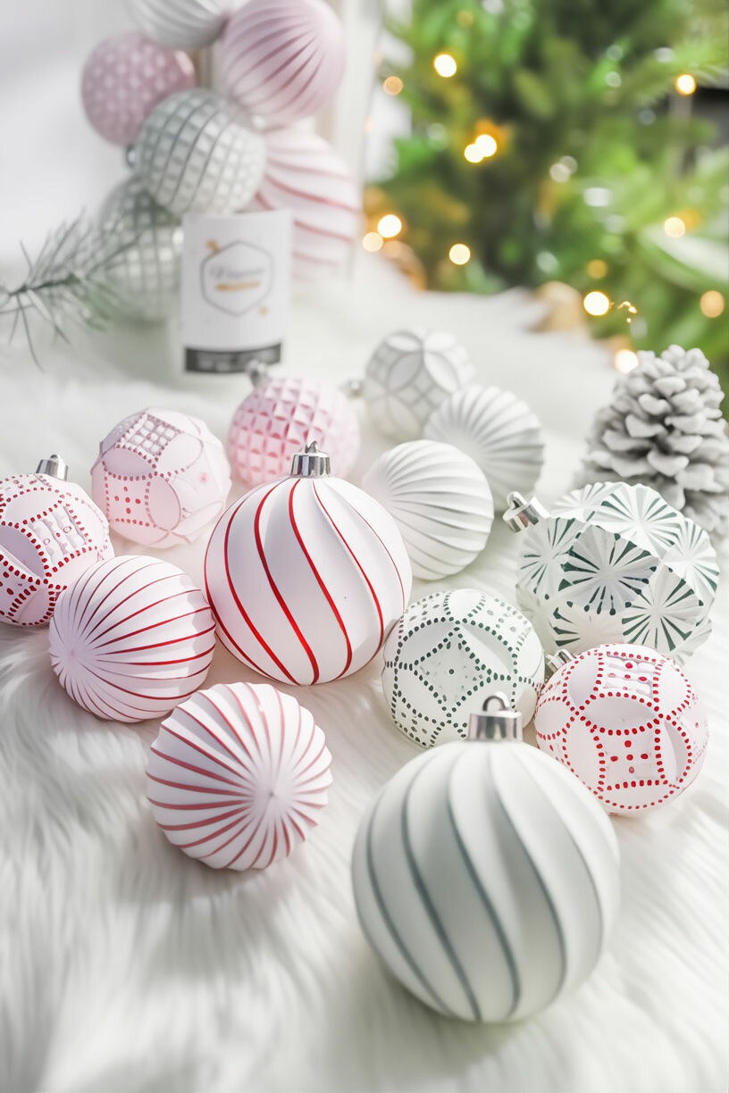 Набор пластиковых шаров вальцер ленто, пластик, белый с зелёным и красным, 6-8 см, упаковка 24 шт, Winter Deco 220031