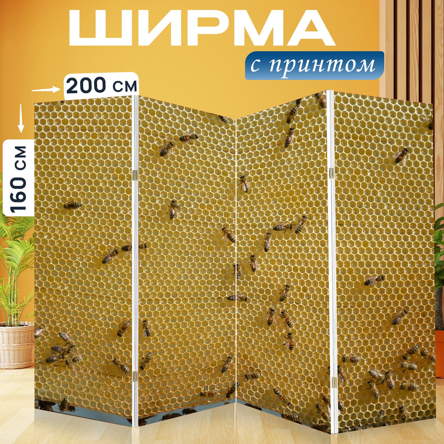 Ширма "Соты, мёд, сладкий" перегородка для зонирования комнаты с принтом 200x160 см. на холсте