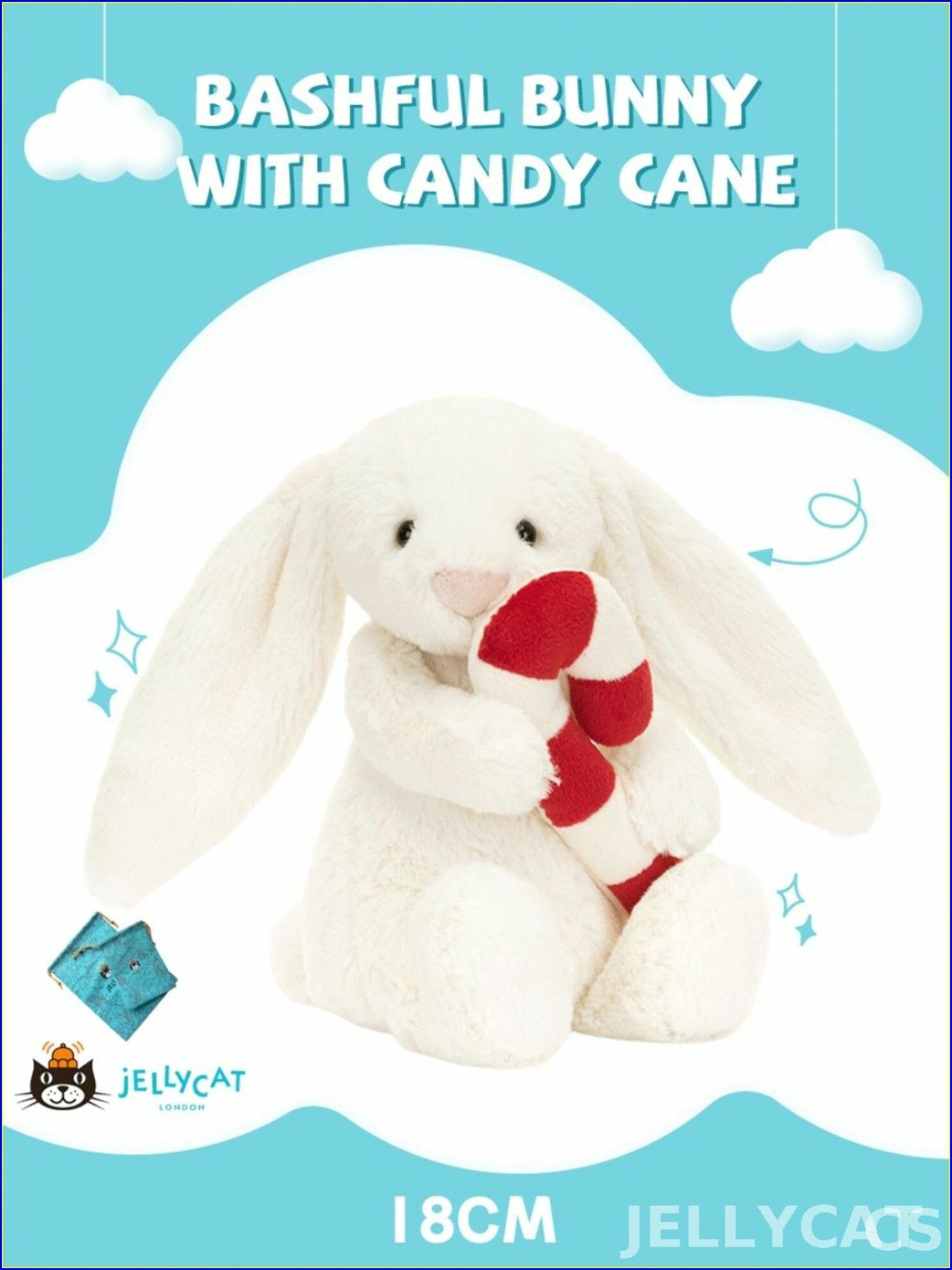 Эксклюзивный плюшевый кролик JELLYCAT 18 см в бежевобелых тонах с леденцом