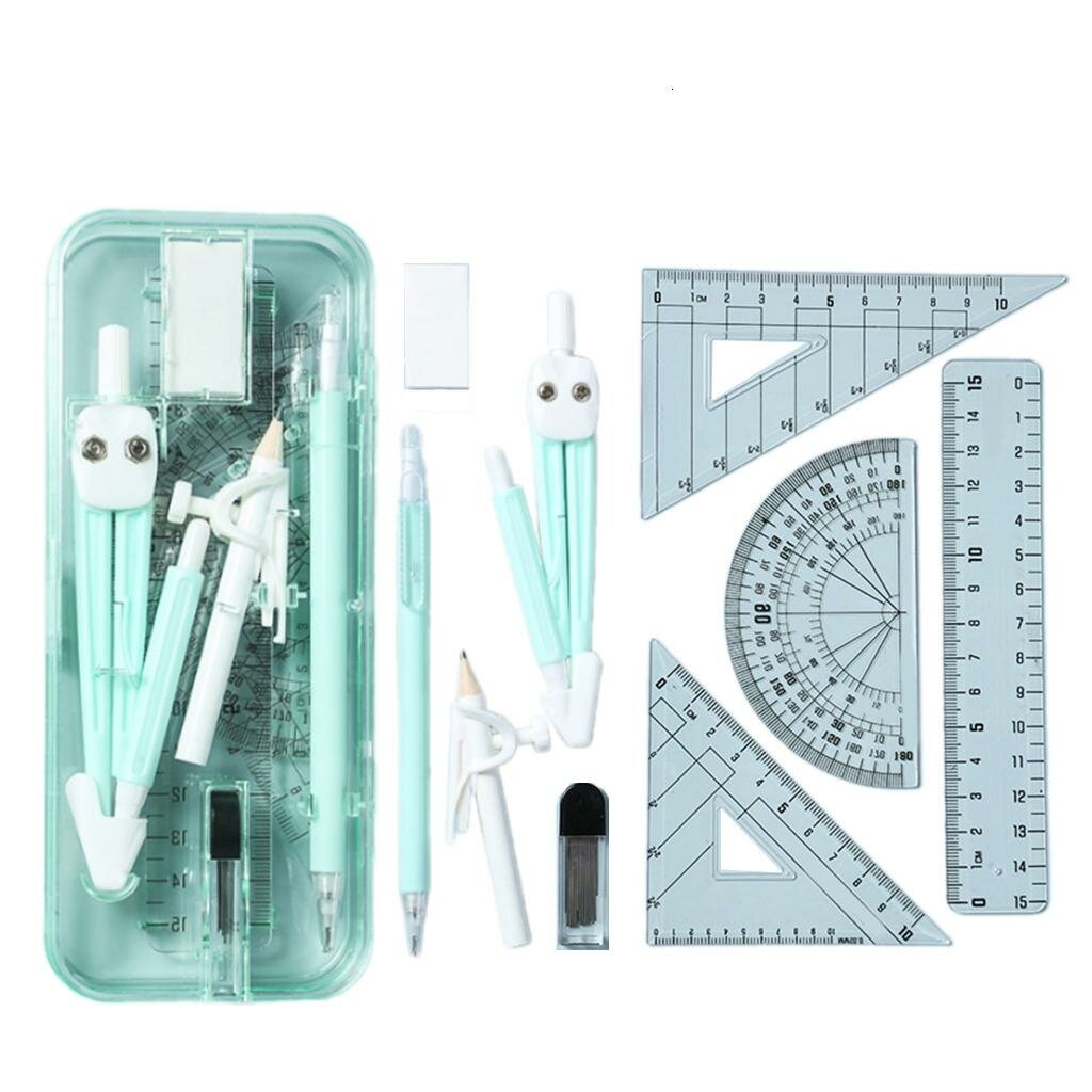 Чертежный набор 9 предметов с циркулем и линейкой, Зеленый