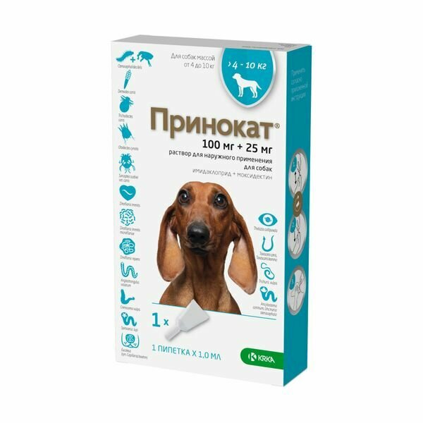 Принокат раствор для собак от 4 до 10кг пипетка 100мг+25мг/мл 1мл
