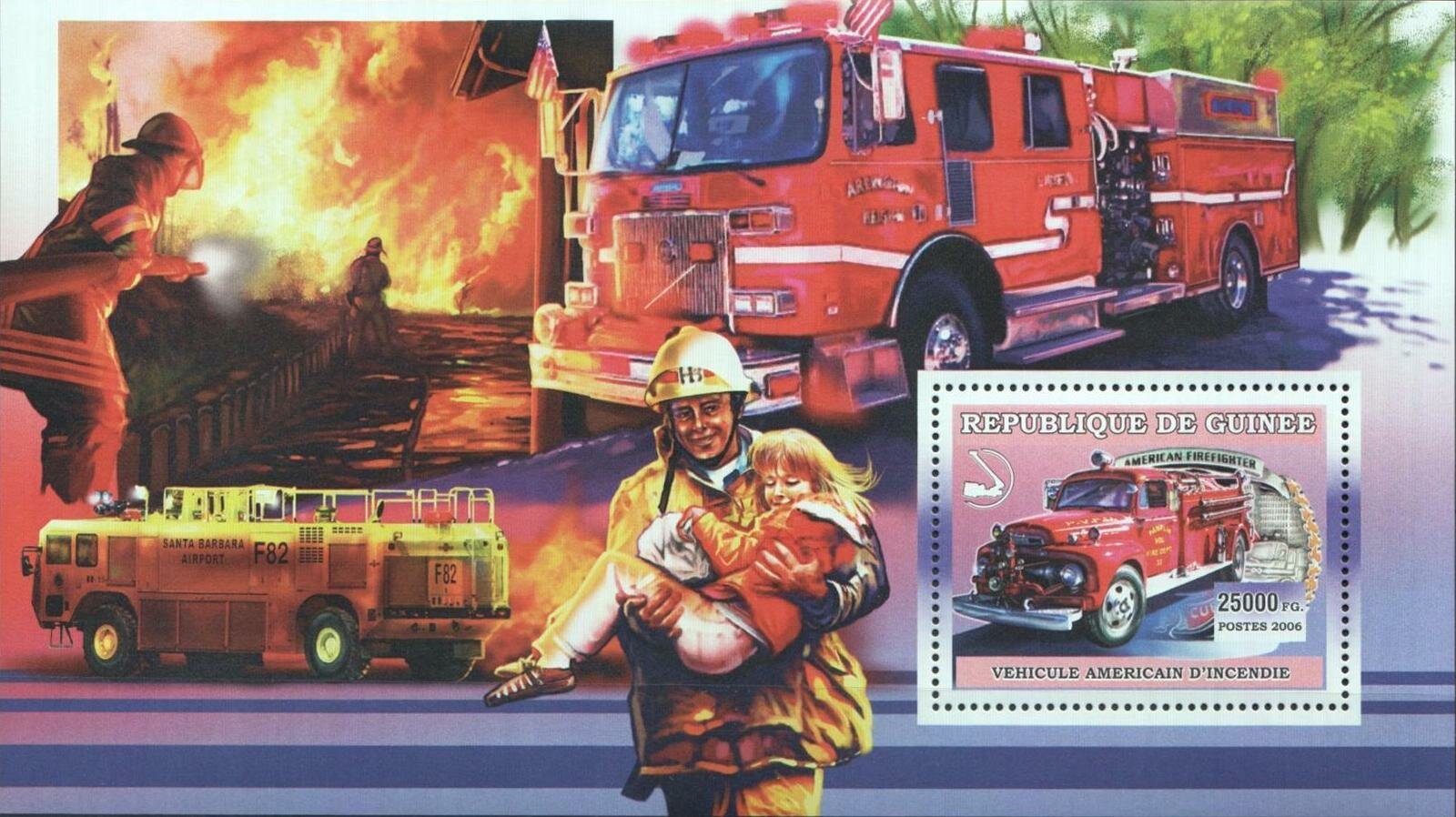 Почтовые марки Гвинея 2006г. "Пожарная машина США F82" Пожарные, Автомобили MNH
