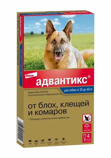Адвантикс (Elanco) для собак от 25 до 40 кг для защиты от блох, иксодовых клещей и летающих насекомых и переносимых ими заболеваний, 4 пипетки в упаковке