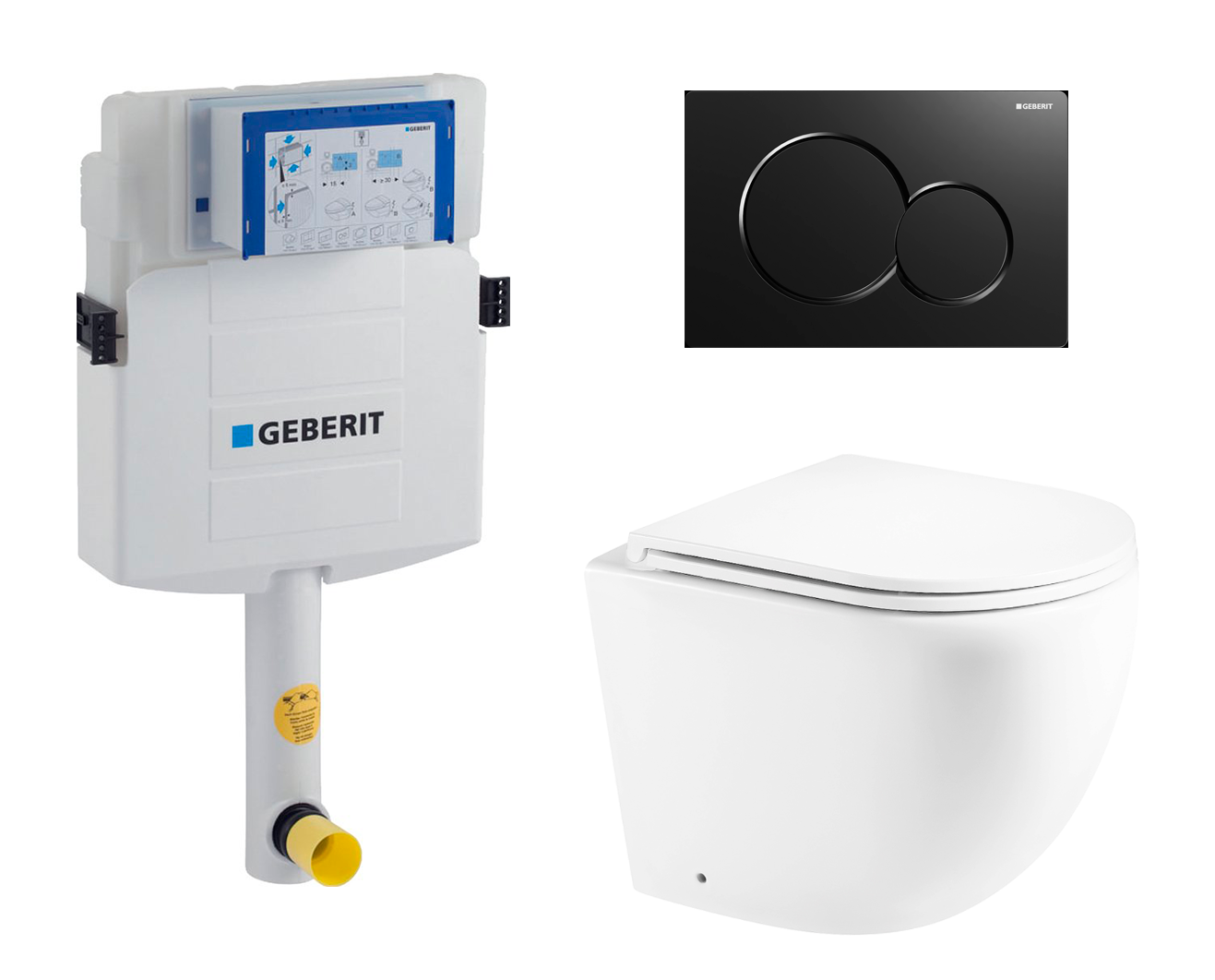 Комплект 3 в 1 смывной бачок скрытого монтажа Geberit Duofix UP320 + Унитаз приставной Enio Unico EN5104885 + Кнопка Geberit Sigma 01 черная