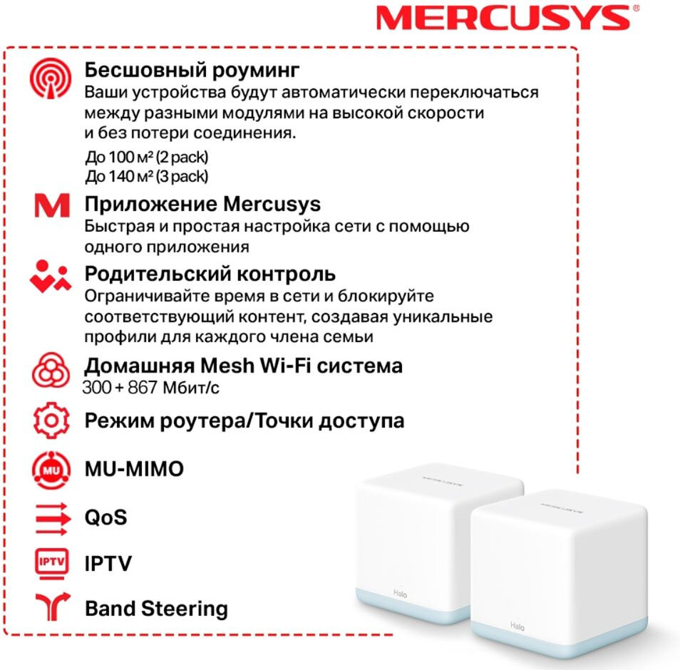 Бесшовный Mesh Mercusys роутер Halo H30 2-pack AC1200 10/100BASE-TX