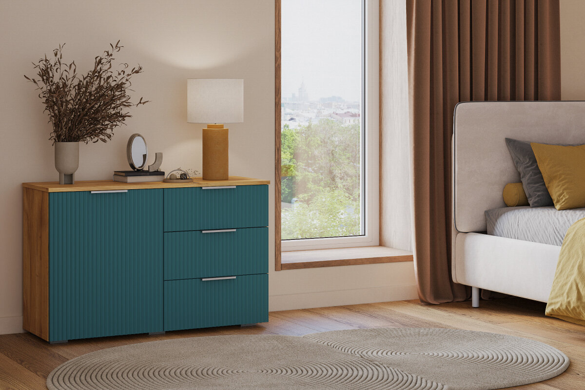 Комод Салерно 3 (МДФ) SF-013 Аквамарин Дуб Золотистый U1148 NEW 98x46x64 см, зеленый Фиеста