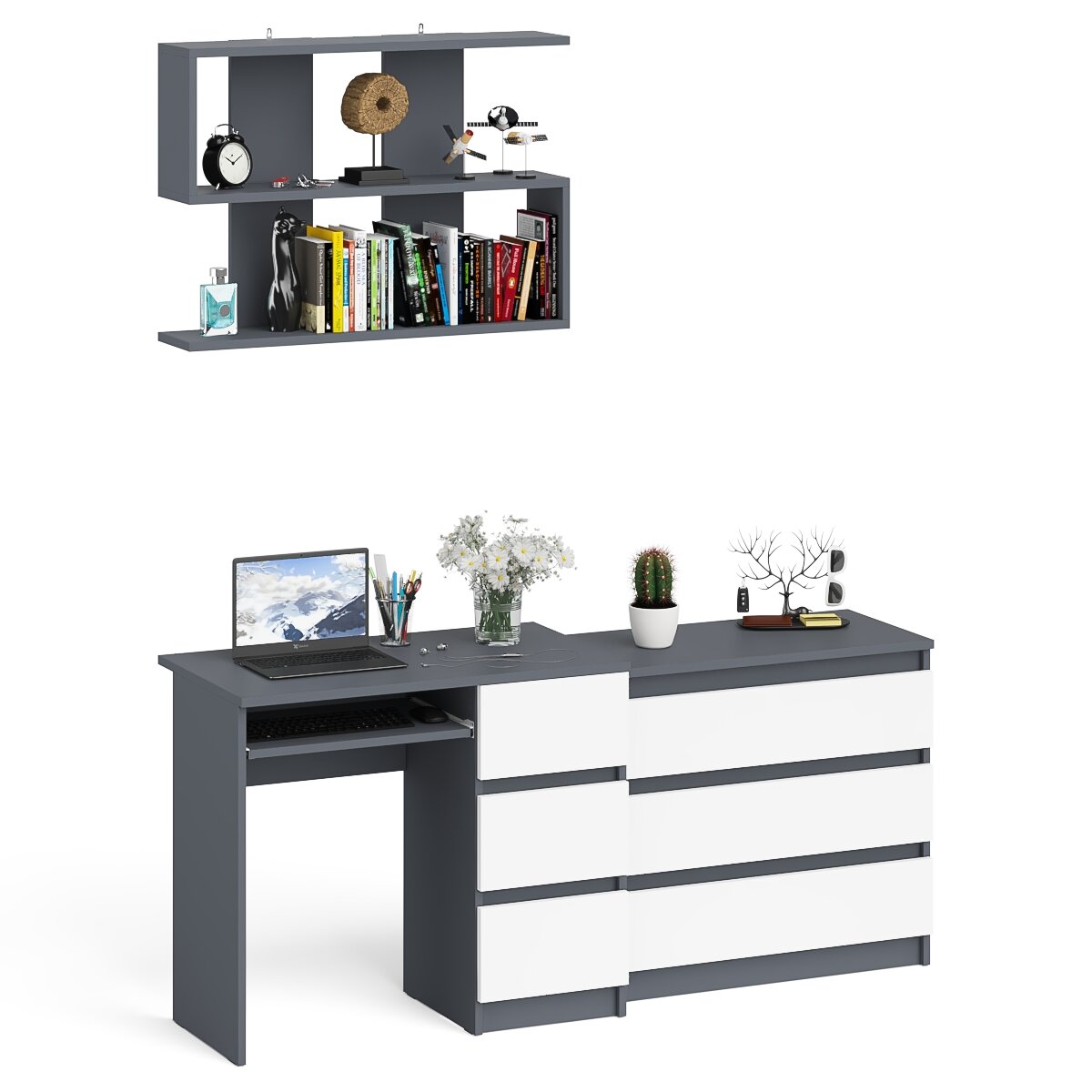 Стол компьютерный СВК Мори МС-6 правый с полкой сверху и комодом на 3 ящика графит/белый