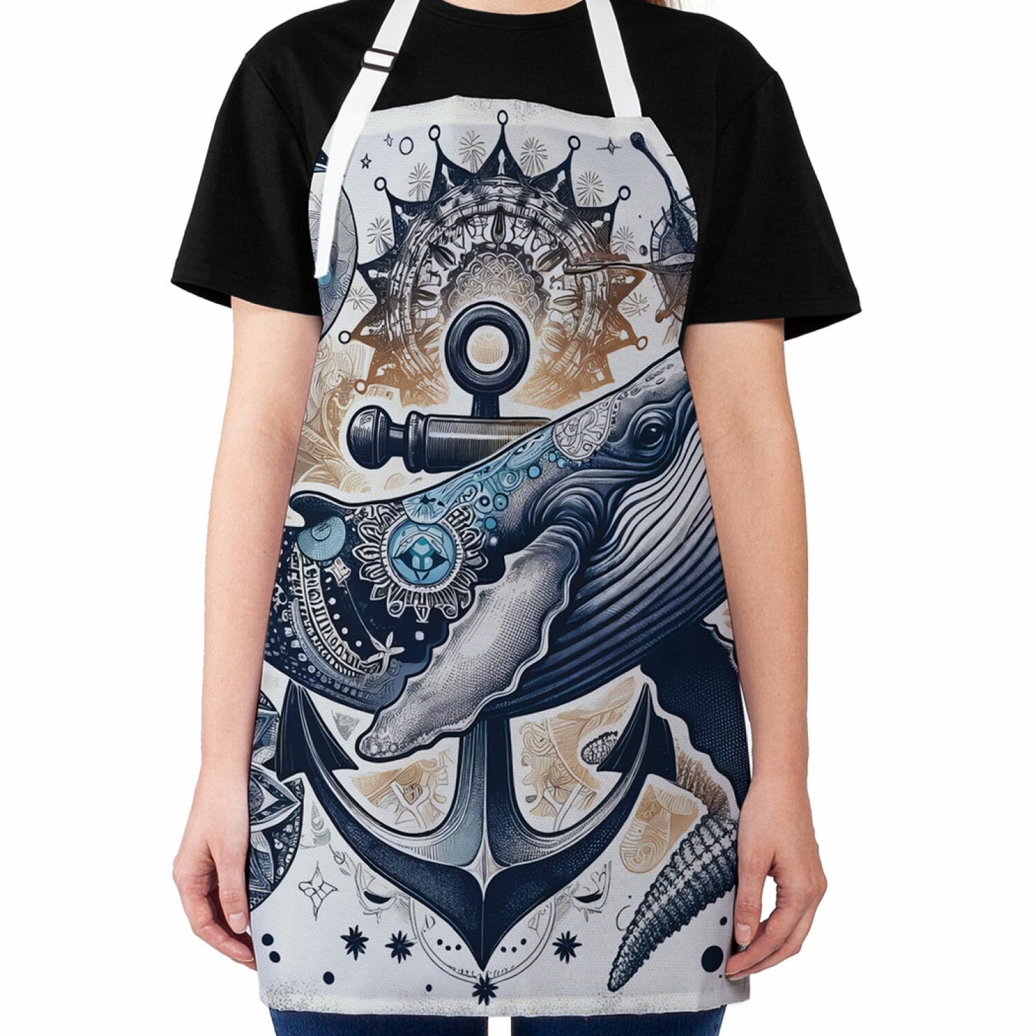 Фартук для кухни тканевый "Кит с узорами" / водоотталкивающий, универсальный размер , JoyArty