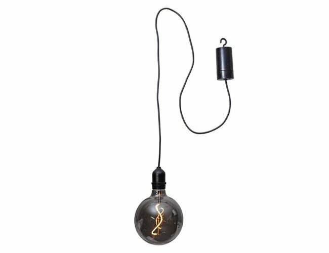 Подвесной светящийся стеклянный шар, дымчатый, тёплый белый LED-огонь, 12.5х19.5 см, таймер, батарейки, уличный.