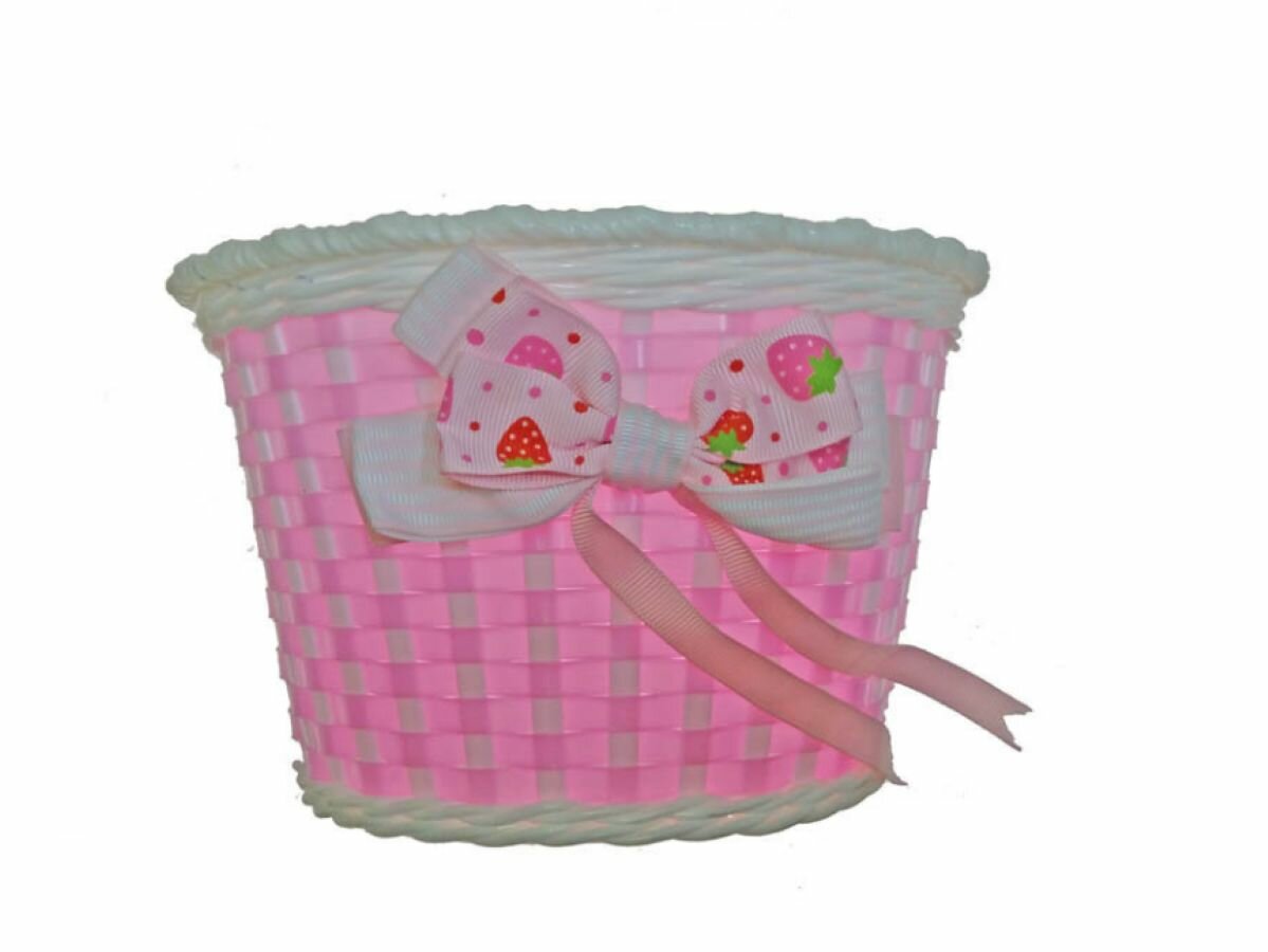 Корзина TRIX для детского велосипеда 20", крепление на руль, 270х200х170мм, пластиковая, плетёная, розовая с белым