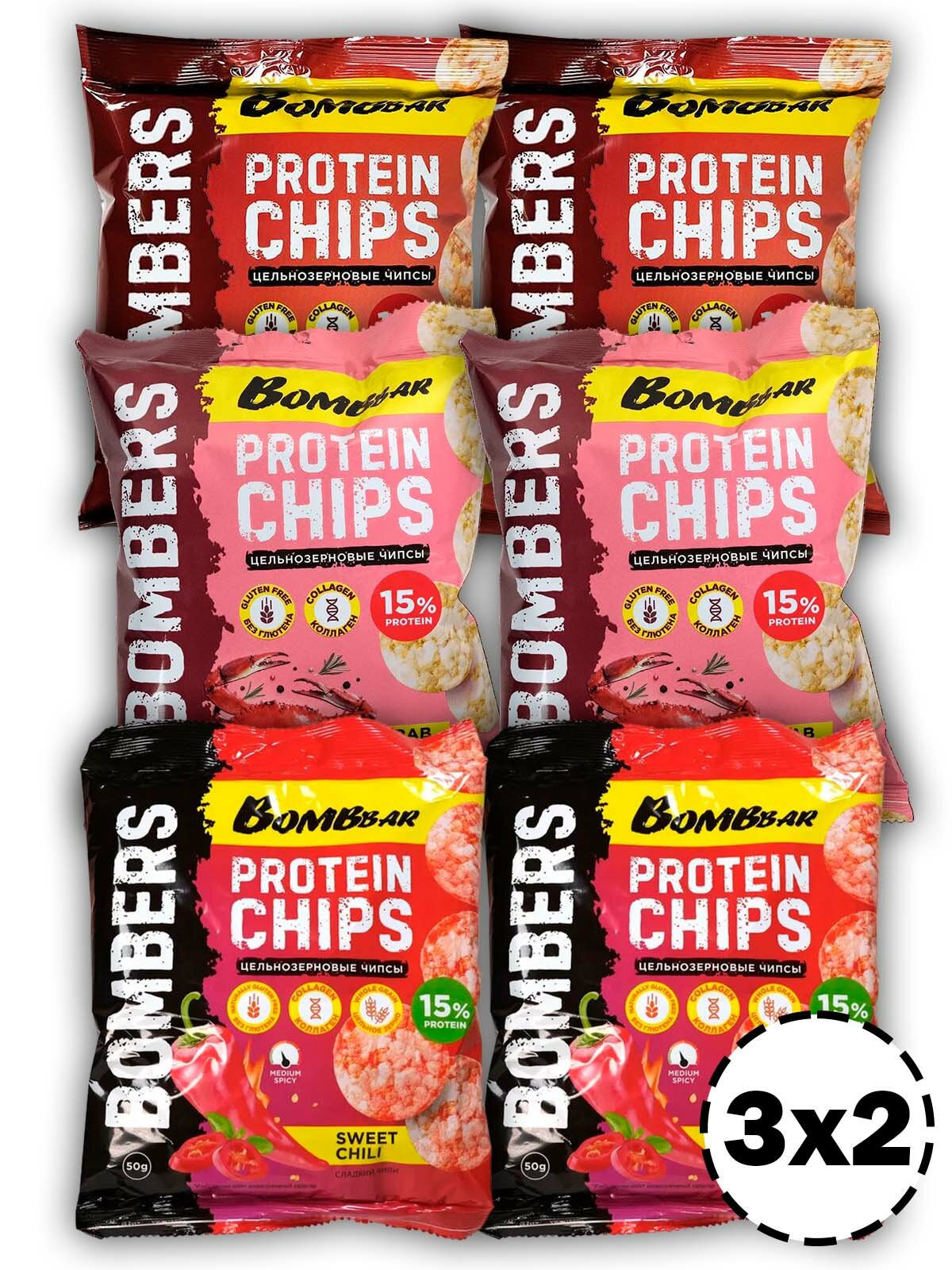 Чипсы Bombbar Protein Chips 6 x 50 г, Краб, Бекон с паприкой, Сладкий чили