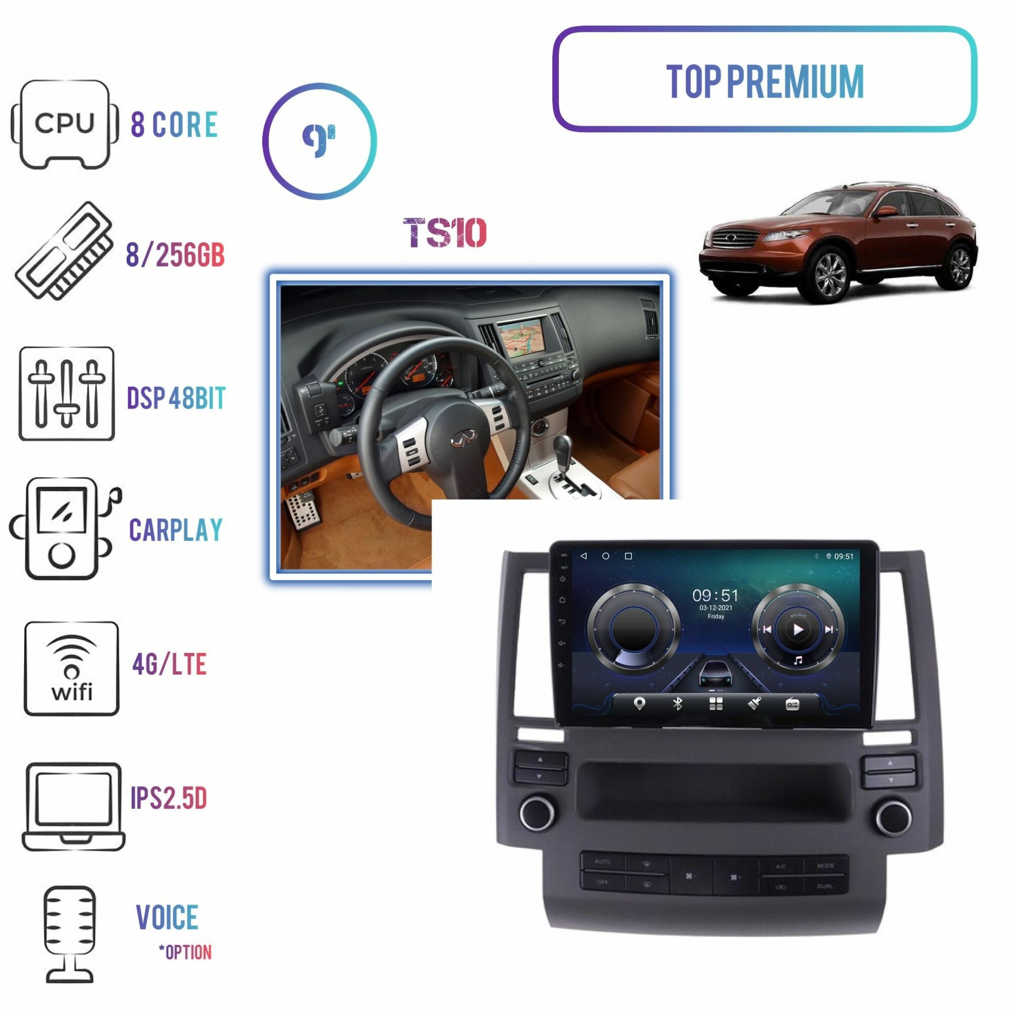 Магнитола XY AUTO TS10, для Infiniti FX, Android 11, голосовое управление, 8ГБ+256ГБ