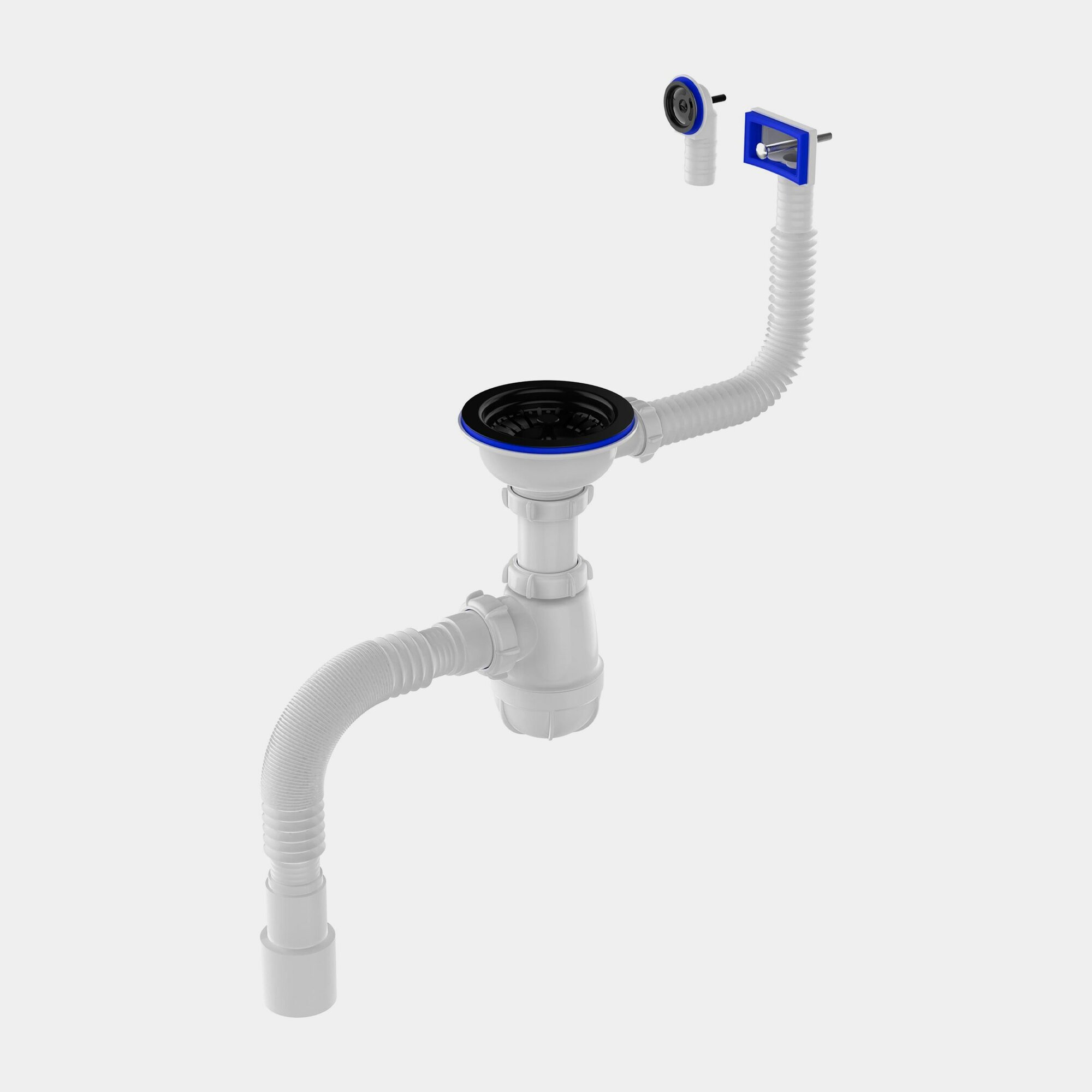 Сифон для мойки 3 1/2"х 40, с черной металлической решеткой, с прямоугольным и круглым переливом, с гофротрубой 40х40/50, B0188-20-MR, Aquant