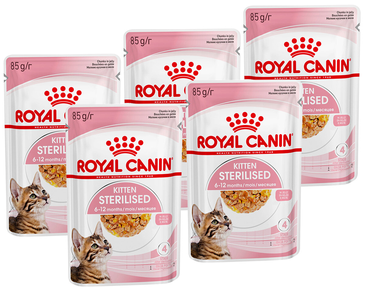 Корм влажный Royal Canin Kitten Sterilised для кастрированных и стерилизованных котят в желе пауч, 85 г х 5 шт