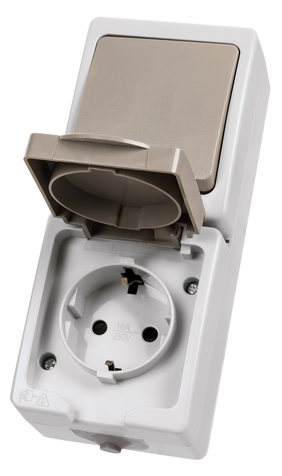 Блок TDM Electric / ТДМ Электрик Вуокса розетка 2П+З и выключатель вертикальный одноклавишный с защитными шторками и крышкой, из поликарбоната серый, 250В 10/16А, IP54 / электрика