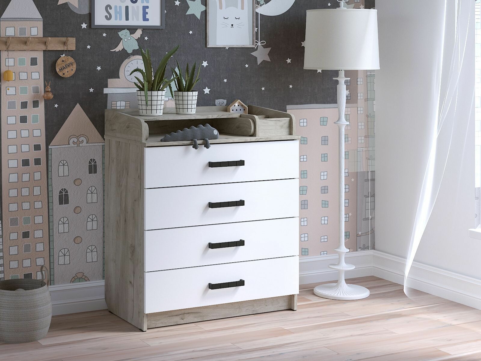 Пеленальный комод Атон Мебель Сириус-2 Marvin Дуб крафт серый/белый