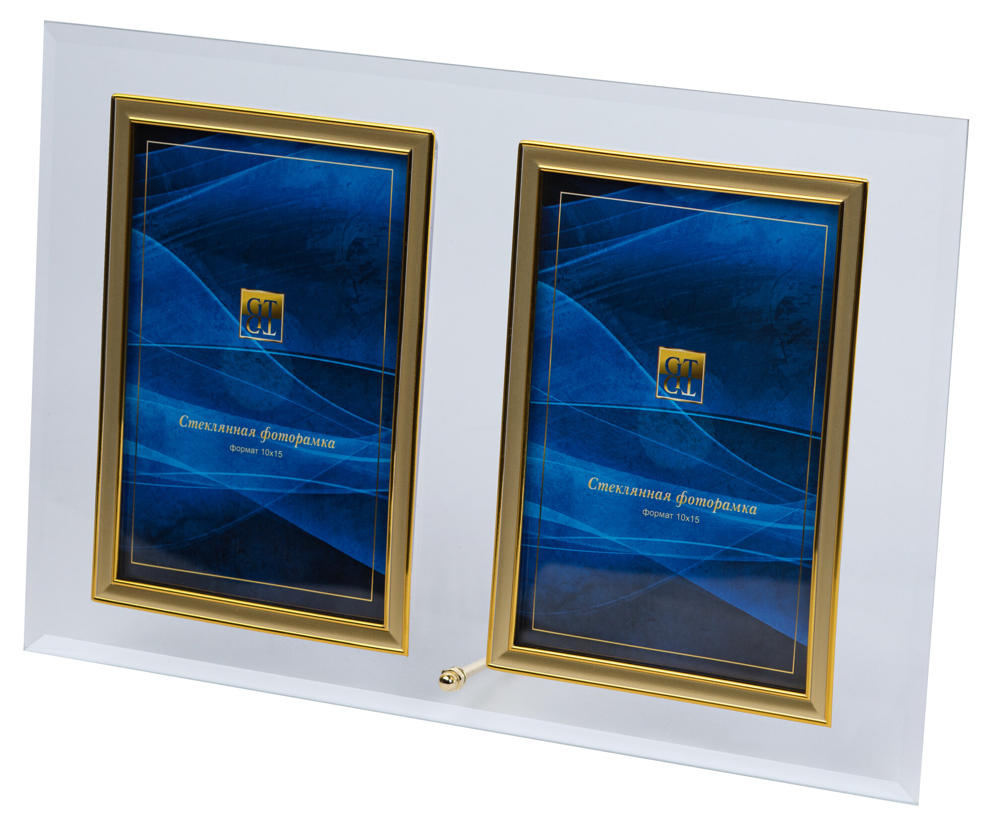 Стеклянная фоторамка, мультирамка, рамка для 2 фото 10х15 см, glass, прямая, вертикальная, с золотой окантовкой GF 6493