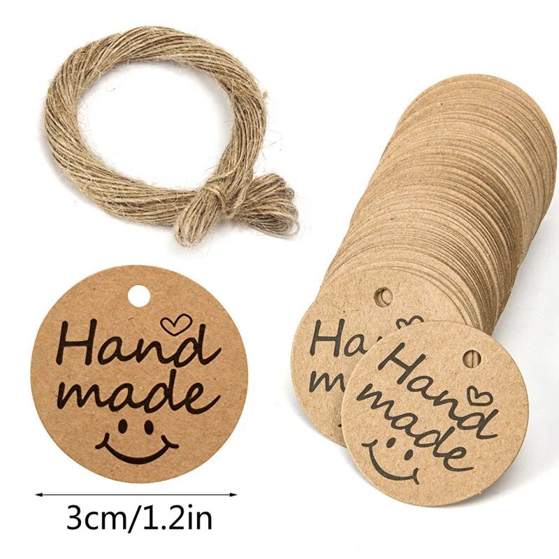 Круглые бирки крафт-бумаги "Handmade" с бечевкой, 3 см, Цвет: 4