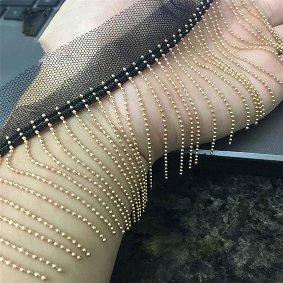 Кружево бисерное с кисточками, Black Mesh Golden, 6 см