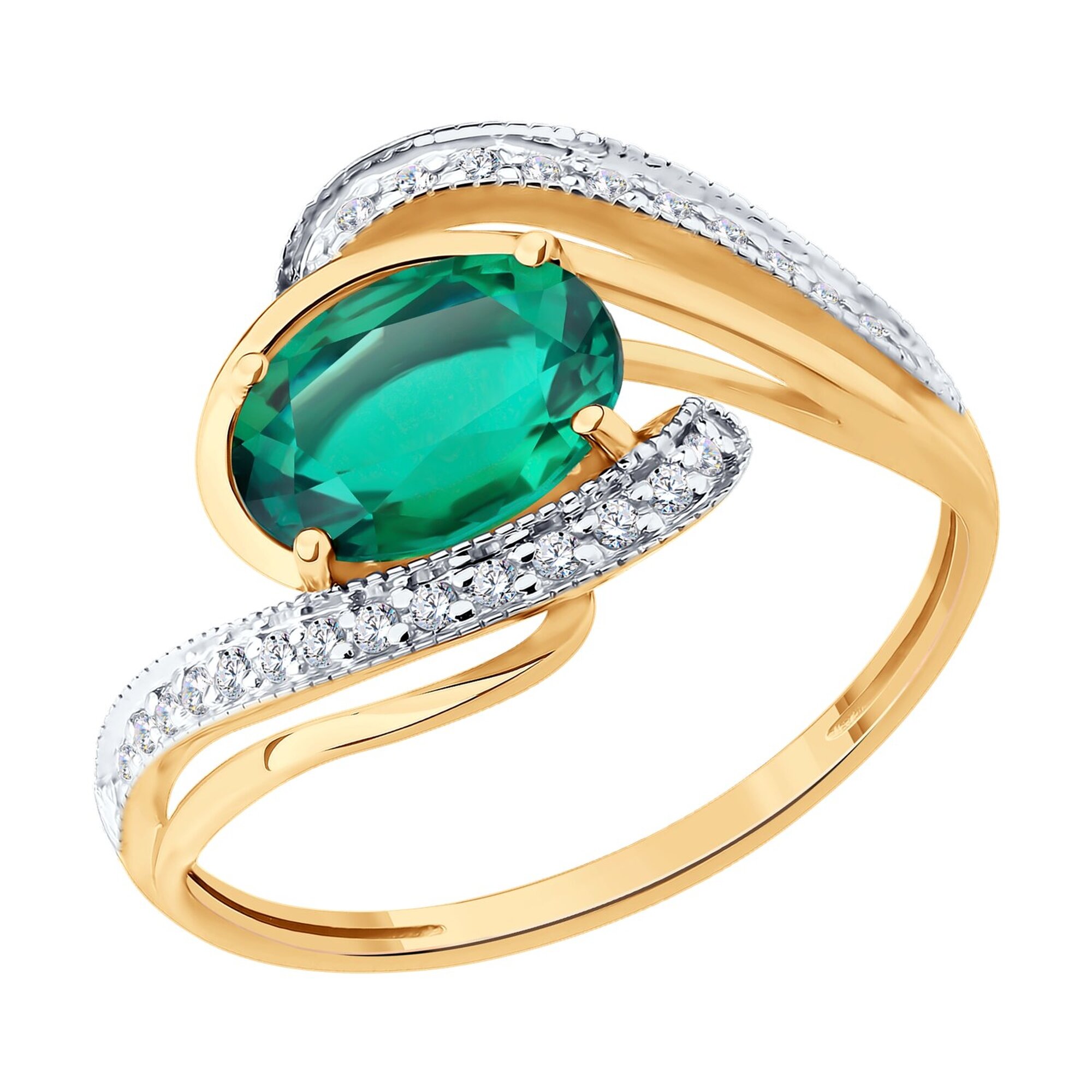 Кольцо, красное золото, 585 проба, изумруд синтетический, бриллиант