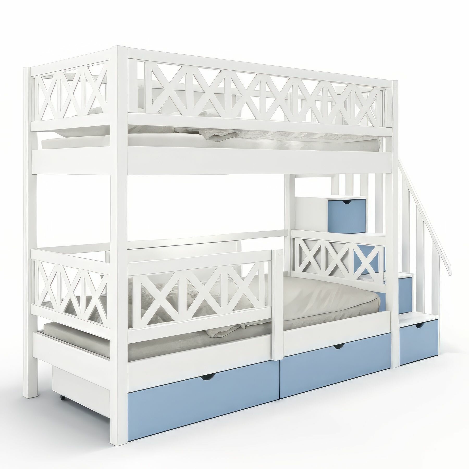 Meblevka Детская кровать двухъярусная Прованс 3 / Двухъярусная кровать для детей Прованс 3, 254х127х196, белый фасады голубой