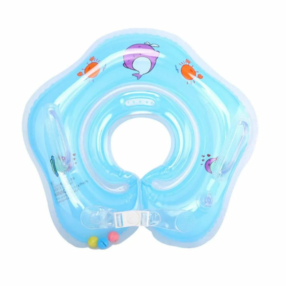 Надувной круг дельфин на шею для купания и плавания детей 0+ в ванне и бассейне / Детский плавательный круг на голову для новорожденных младенцев малышей с рождения и маленьких детей: синий