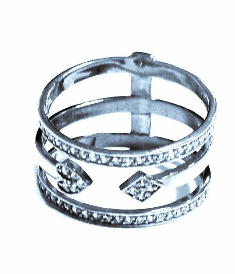 Кольцо тонкое, широкое, серебро, 925 проба, родирование, фианит