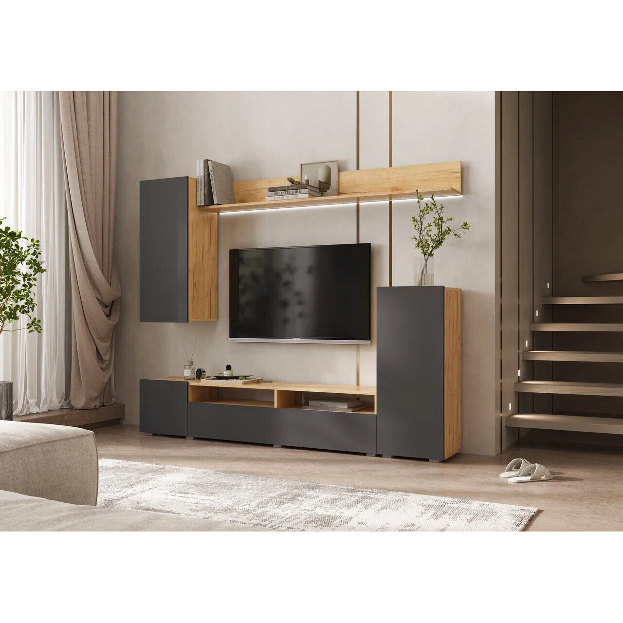 Стенка для гостиной со створками и полками "Верона" (Графит/Дуб Крафт)