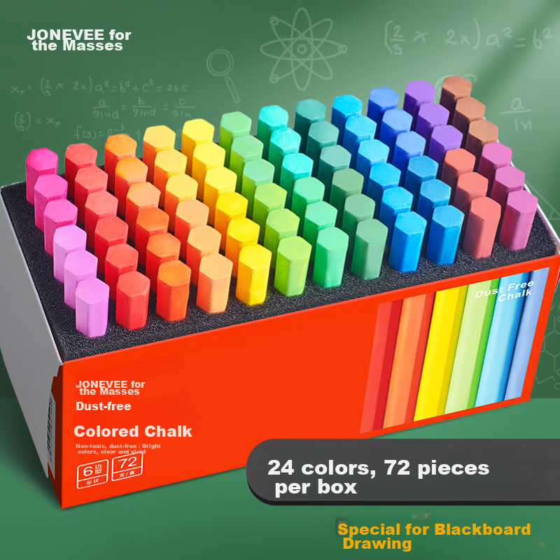 JONEVEE Colored Chalk Hexagonal Non-Toxic Dustless Chalk for Blackboard, Bulletin Board, Drawing, Teaching, Children, 24 Colors, 72 Pieces/box, ZWCK-6722