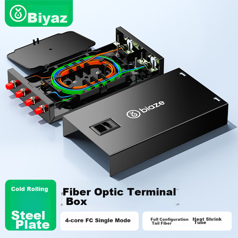 Biaze Fiber Optic Terminal Box, 4-Port 4-Core FC Single-Mode Fully-Configured Pigtail Flange Plate, Desktop Fiber Optic Fusion Splice Terminal Box Pigtail Extension Plate, Telecom Quality Patch Panel Adapter