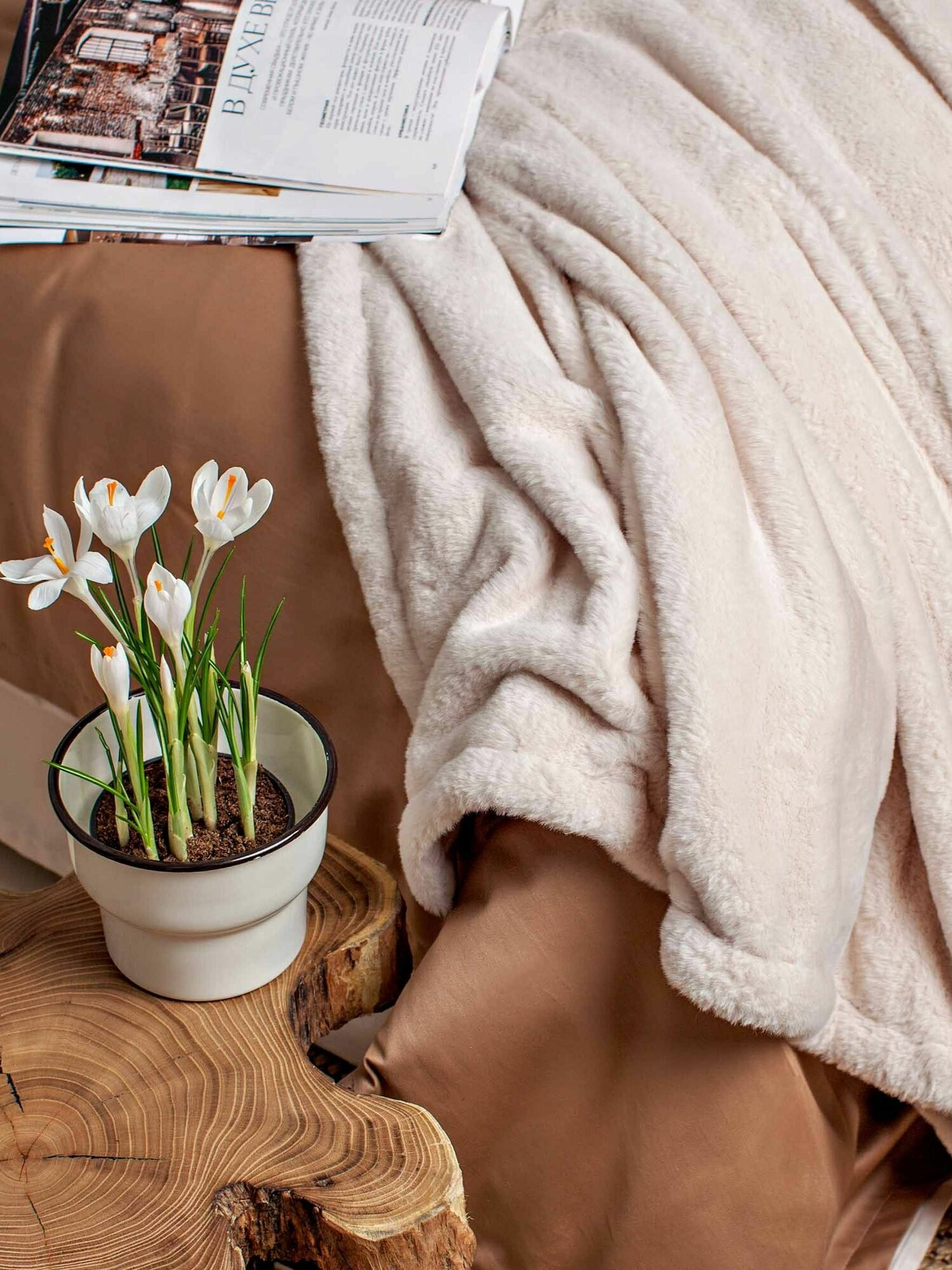 Плед 200х140 меховой (хлопок, мех) Ванильный латте. STENOVA HOME