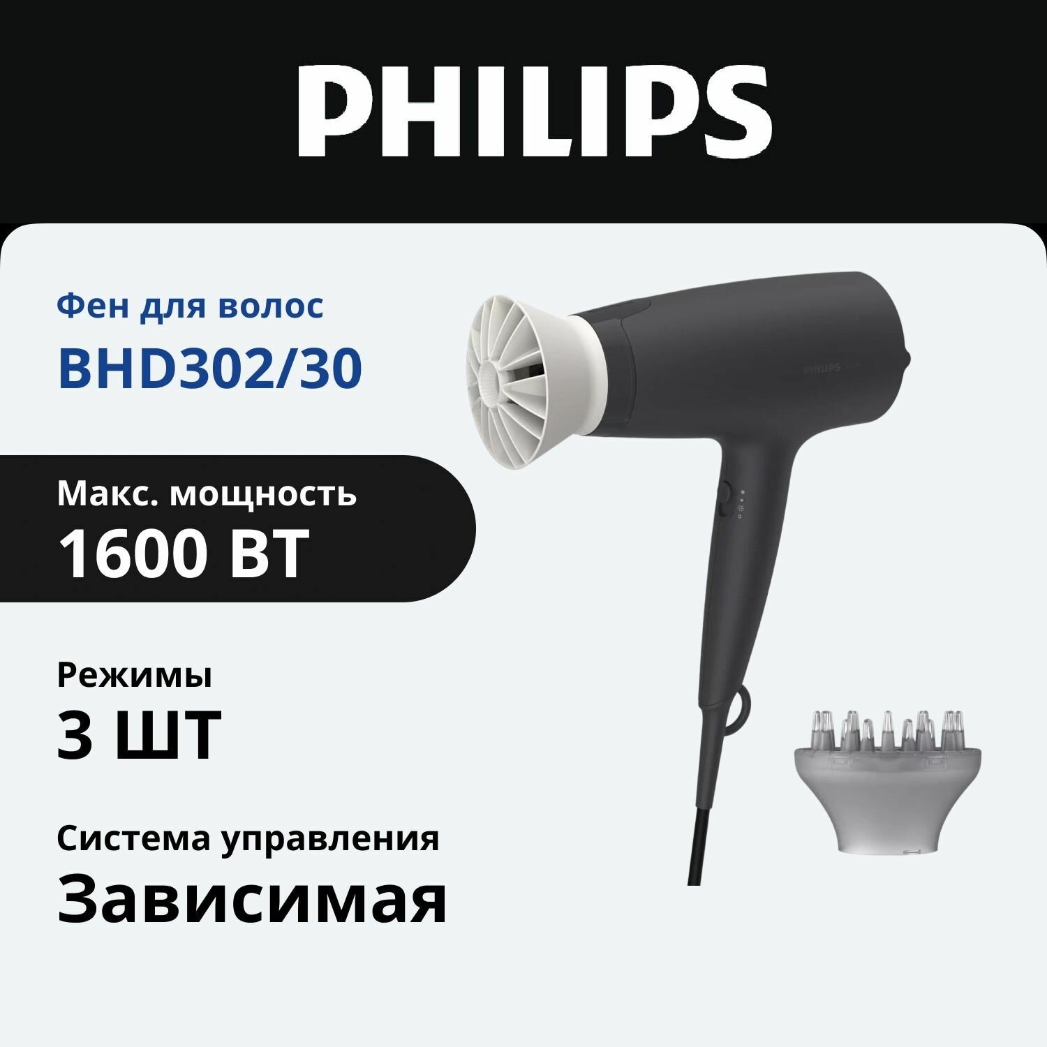 Фен для волос Philips 3000 Series BHD302/30, 1600 Вт, насадка ThermoProtect, 3 режима скорости/нагрева, диффузор, черный