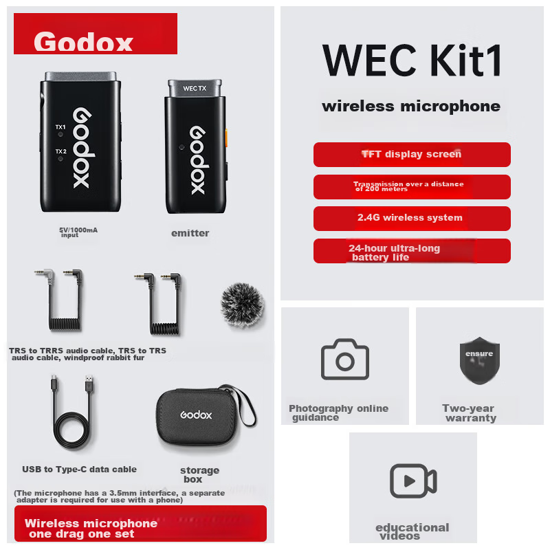 Godox WEC One-To Wireless Lavalier Microphone, Small Bee Audio Recorder, Video Shooting, Outdoor Noise Reduction, Interview, Compatible with Recording, Douyin Live Streamer Microphone