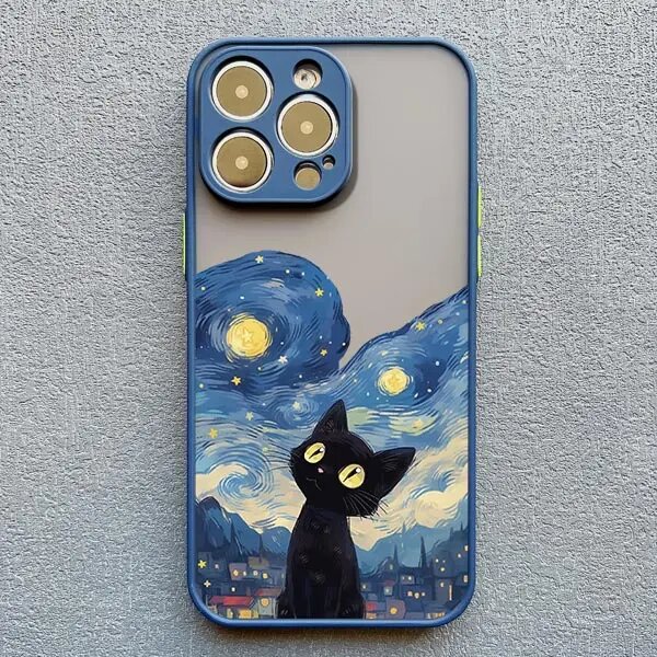 Художественный чехол для телефона Black Cat Starry Night для iPhone 17, 15, 14, 13, 12, 11 Pro Max 12, 16 Mini XS X XR 14 15 Plus, противоударные корпуса