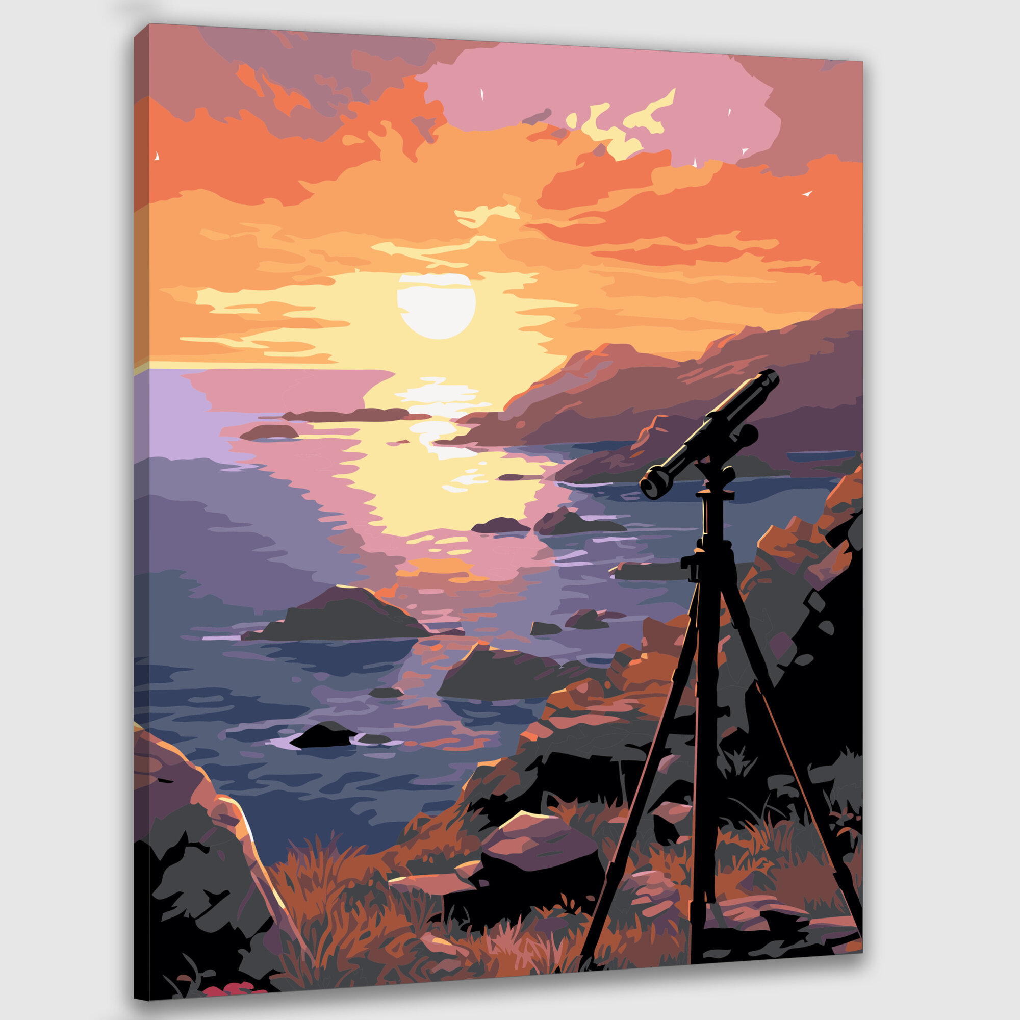 Картина по номерам 40x50 см, картина, акварельная иллюстрация, телескоп, скалистый утес, океан, закат, теплые оттенки