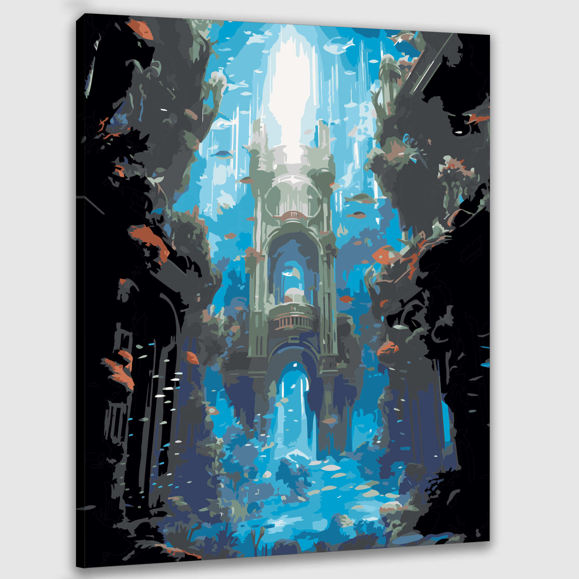 Картина по номерам 40x50 см, подводный город, коралловые рифы, морские обитатели, солнечный свет, чистая вода