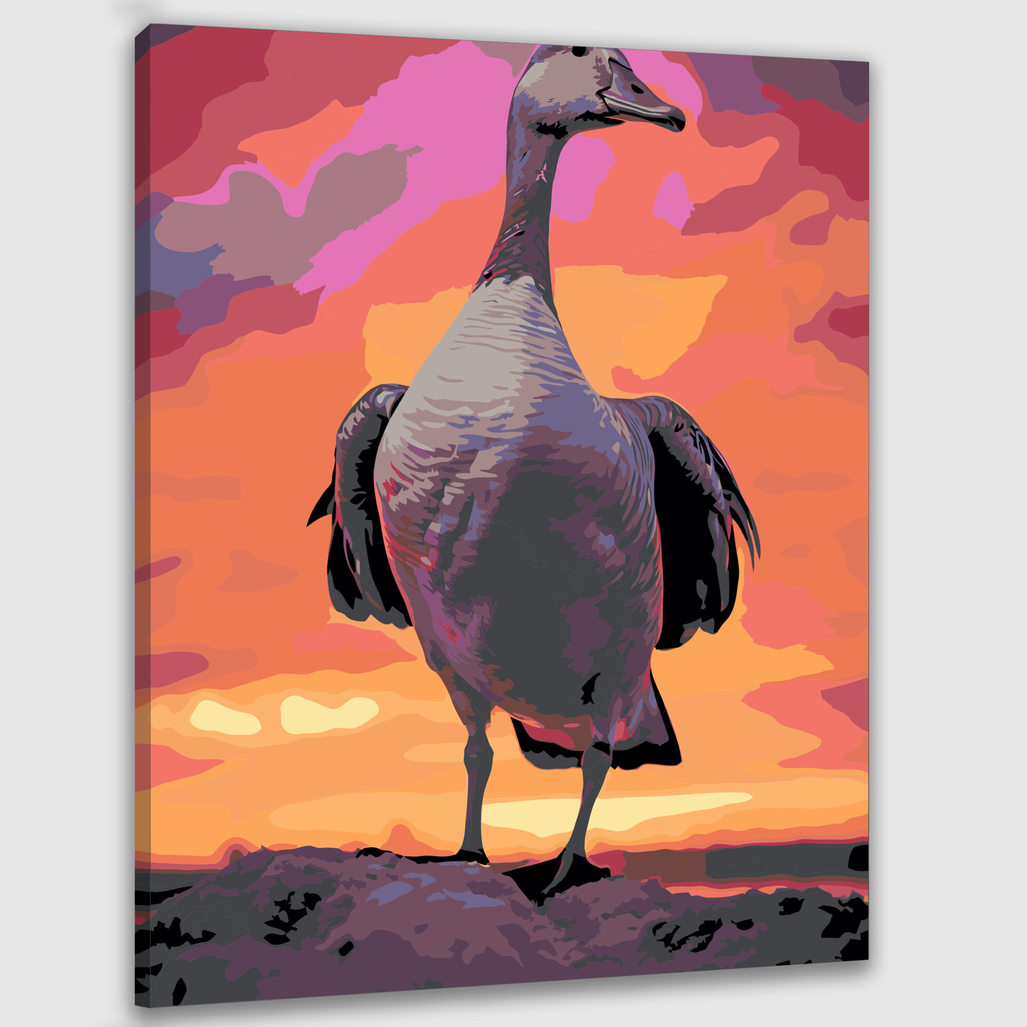 Картина по номерам 40x50 см, гусь, поле, закатное небо, силуэт, оранжевый, фиолетовый, розовый, достоинство