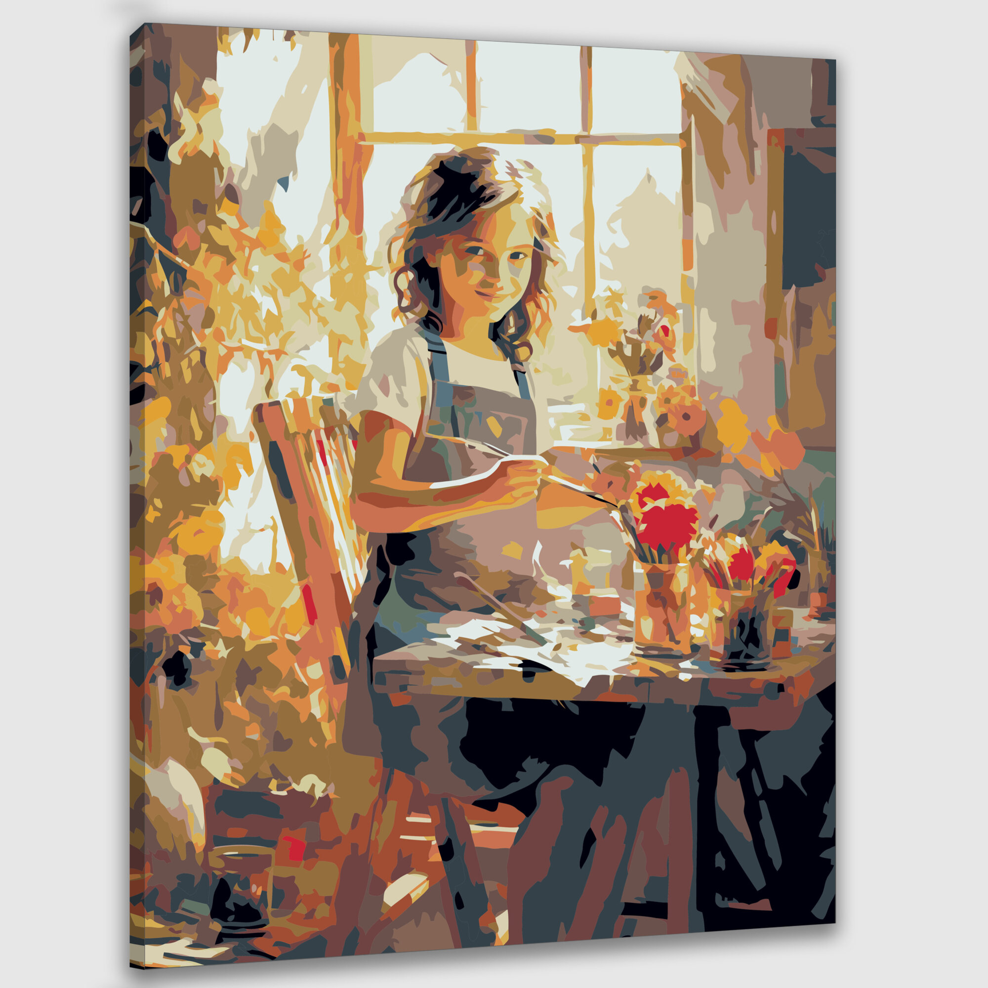 Картина по номерам 40x50 см, картина, масло, творчество, девушка, табурет, студия, солнце, счастье, мазки, талант