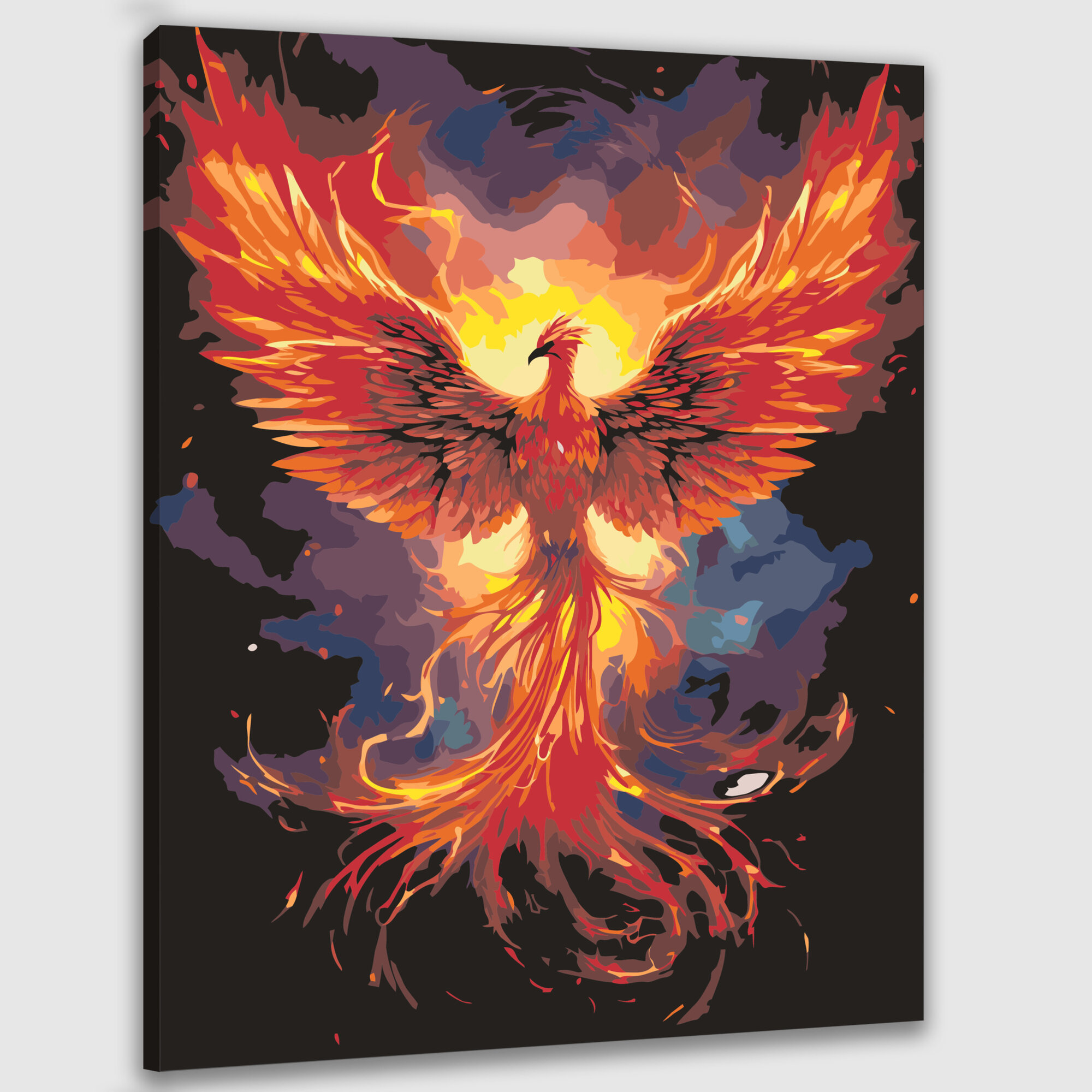 Картина по номерам 40x50 см, феникс, огненный, танец, ночное небо, перья, красный, оранжевый, золотой, сияние, тепло