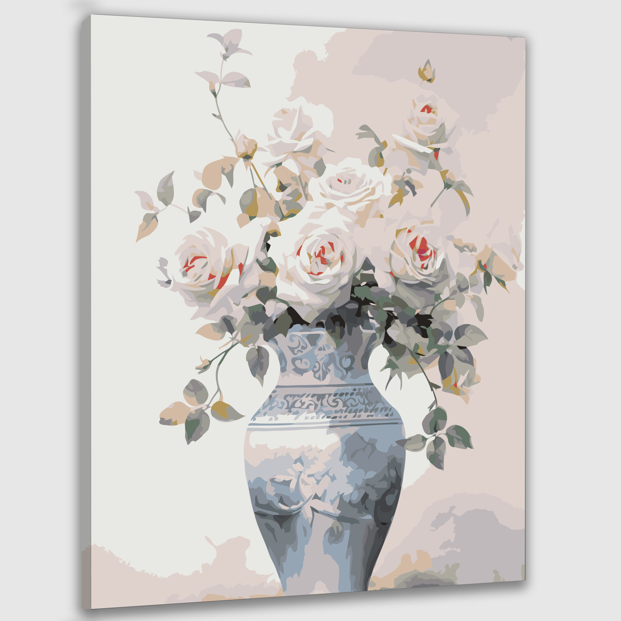 Картина по номерам 40x50 см, акварель, иллюстрация, букет роз, винтажная ваза, мягкие оттенки, нежные мазки