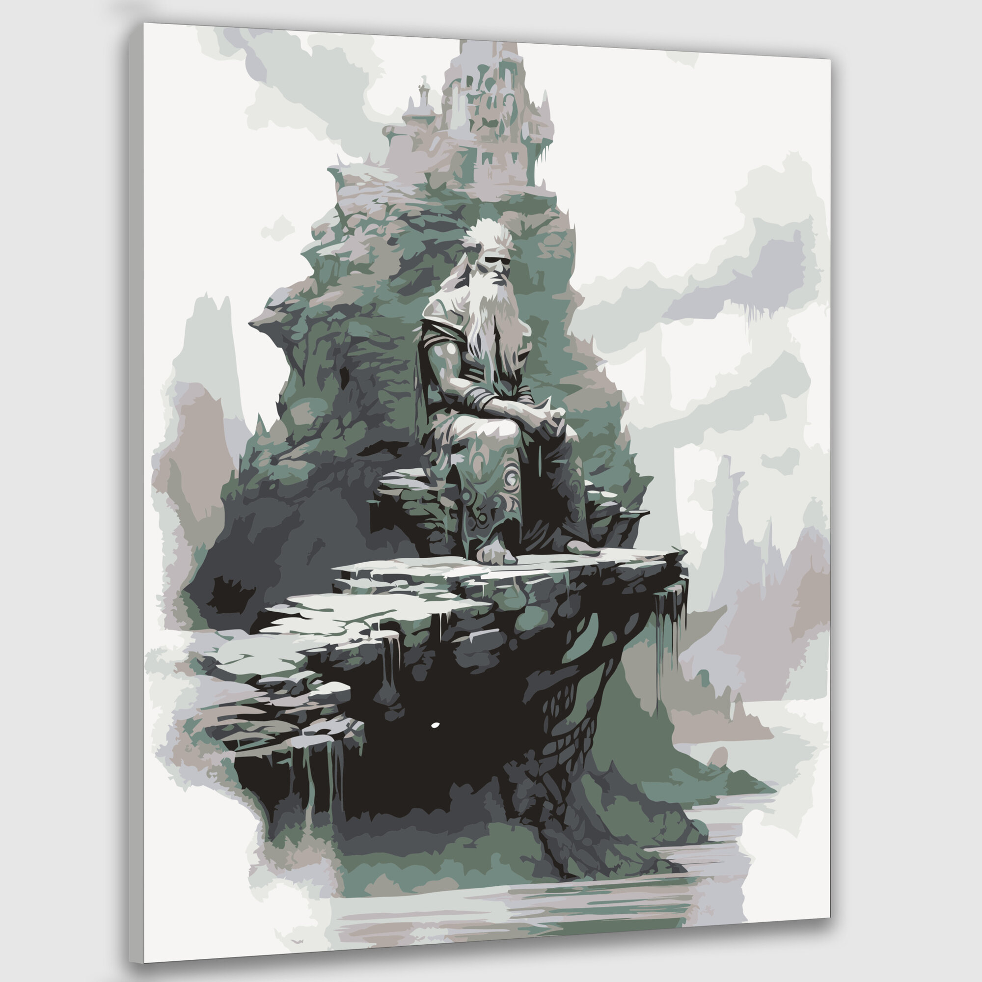 Картина по номерам 40x50 см, мудрый шаман, тушь, скалистый утес, древние руины, туман, мистическая аура