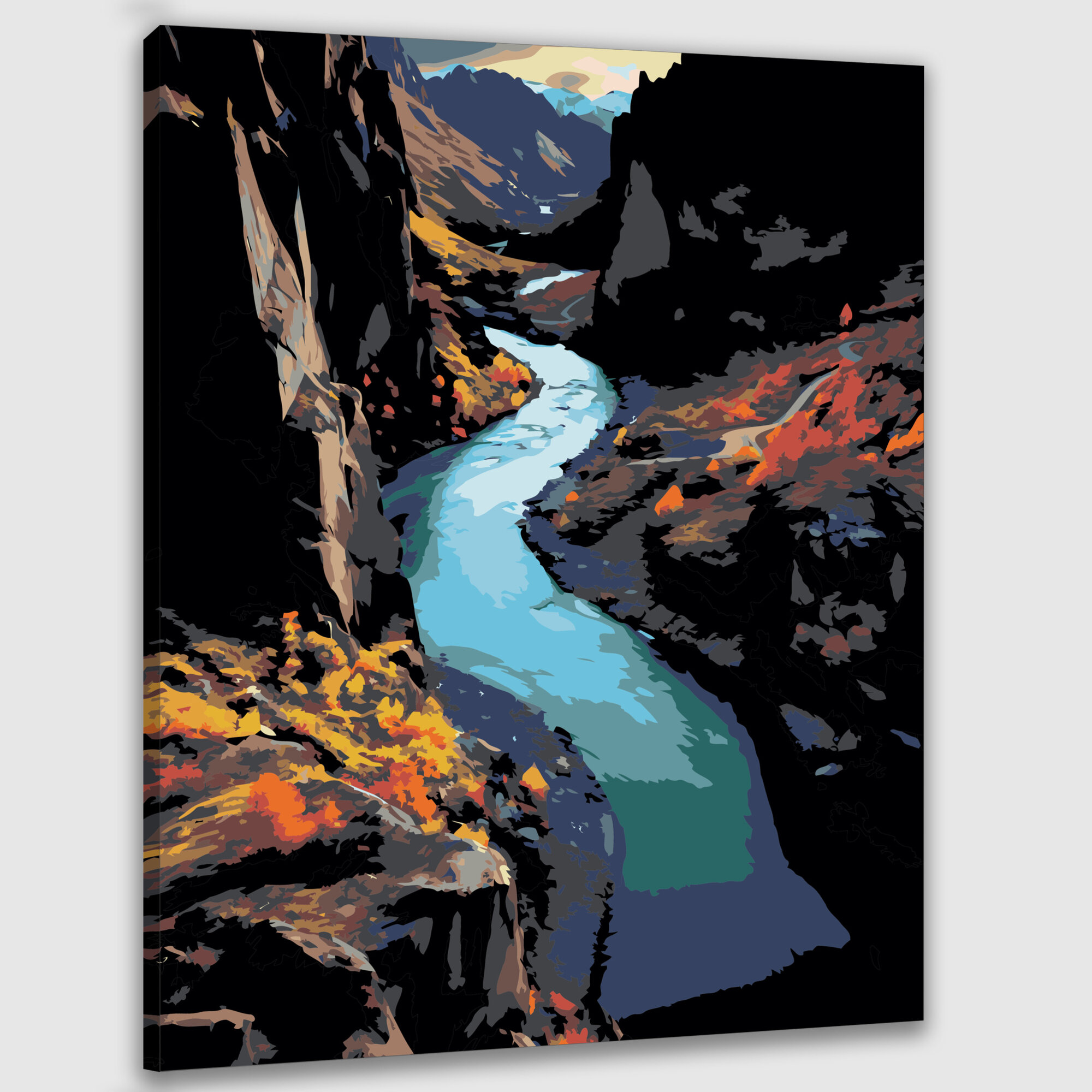 Картина по номерам 40x50 см, река, каньон, вода, камни, узоры, текстуры, осенняя листва, теплые тона, мягкое освещение